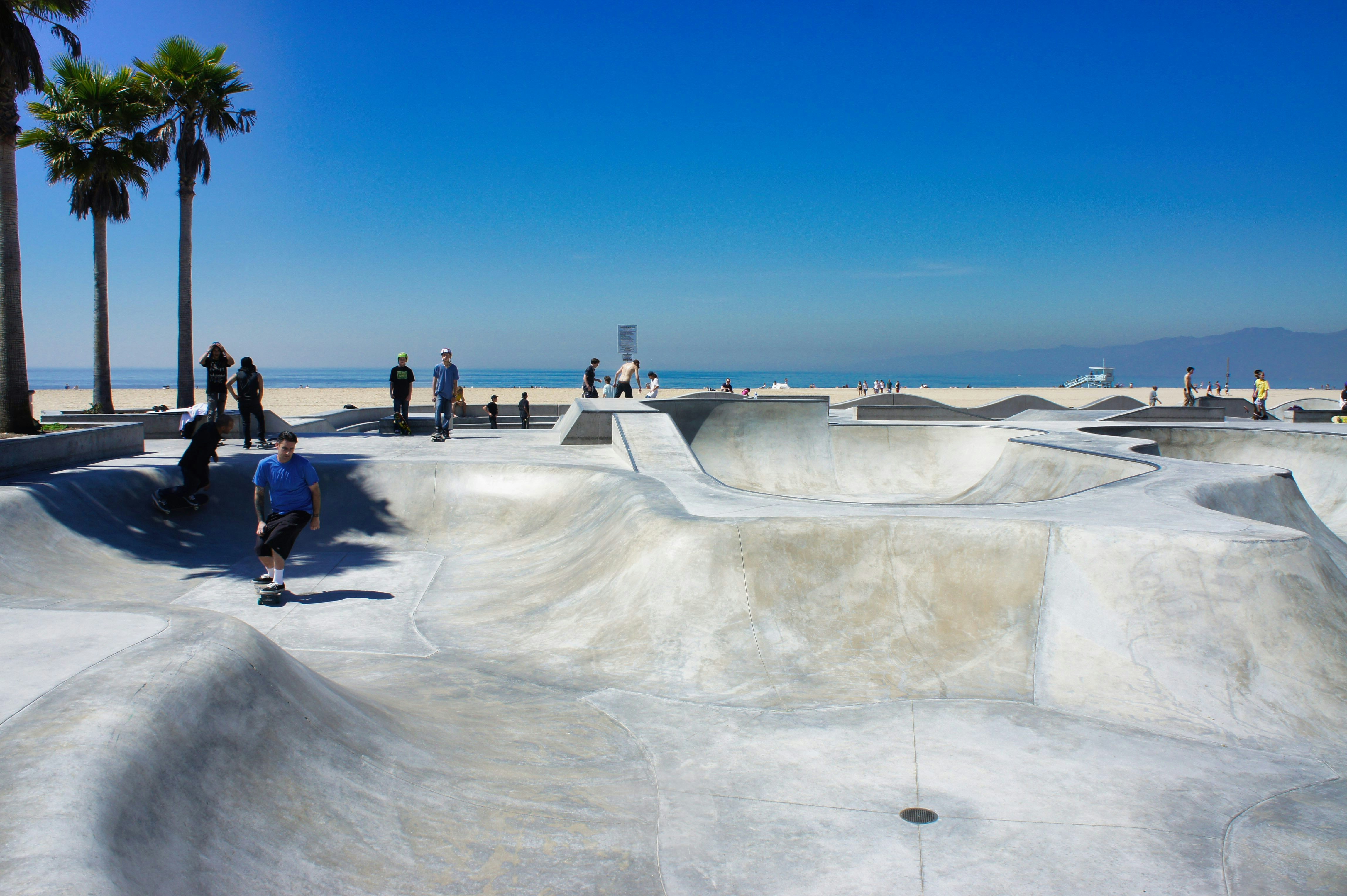 Skate park with people and palm trees by the ocean.