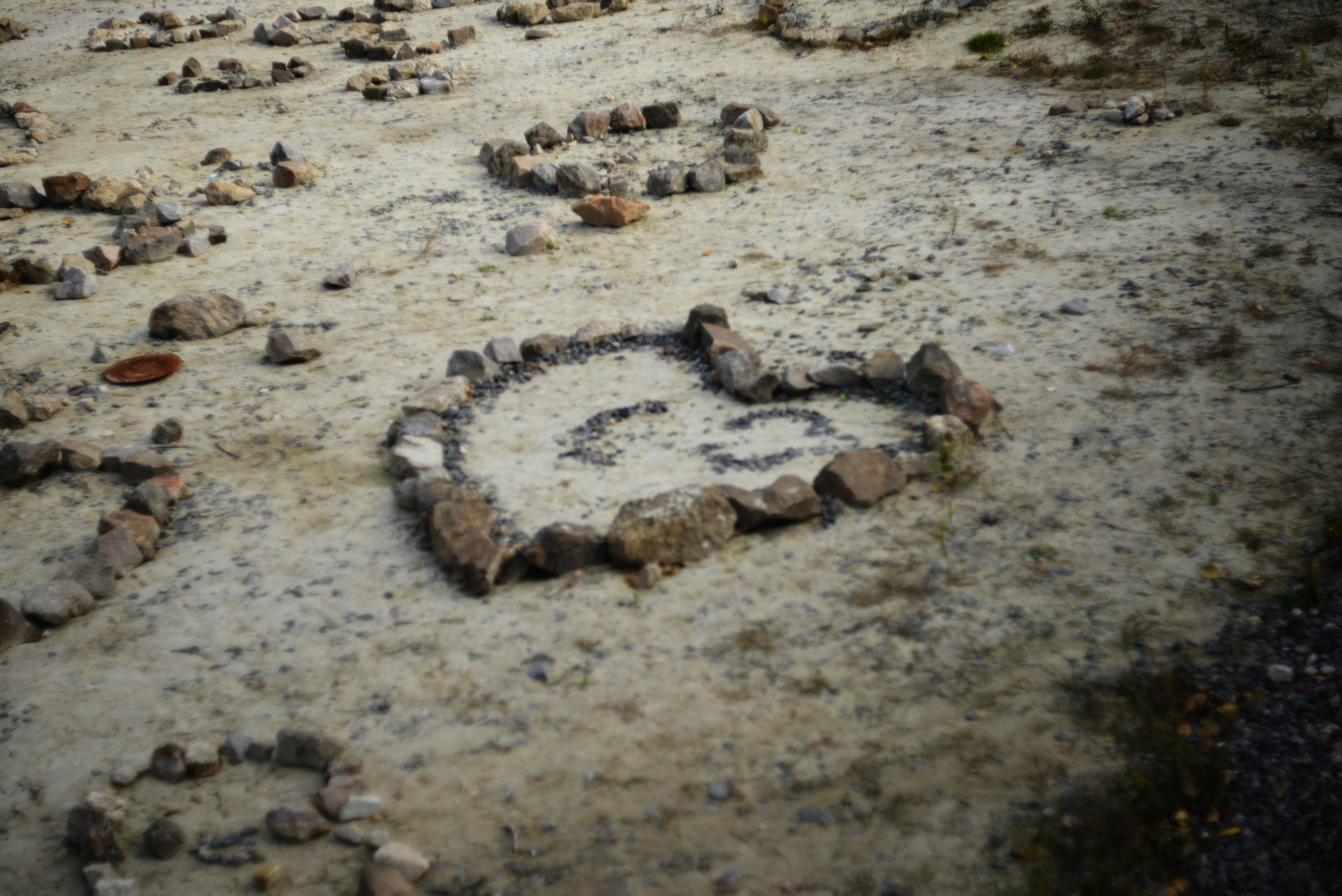 Ancient stone circles on a dry, dusty ground.