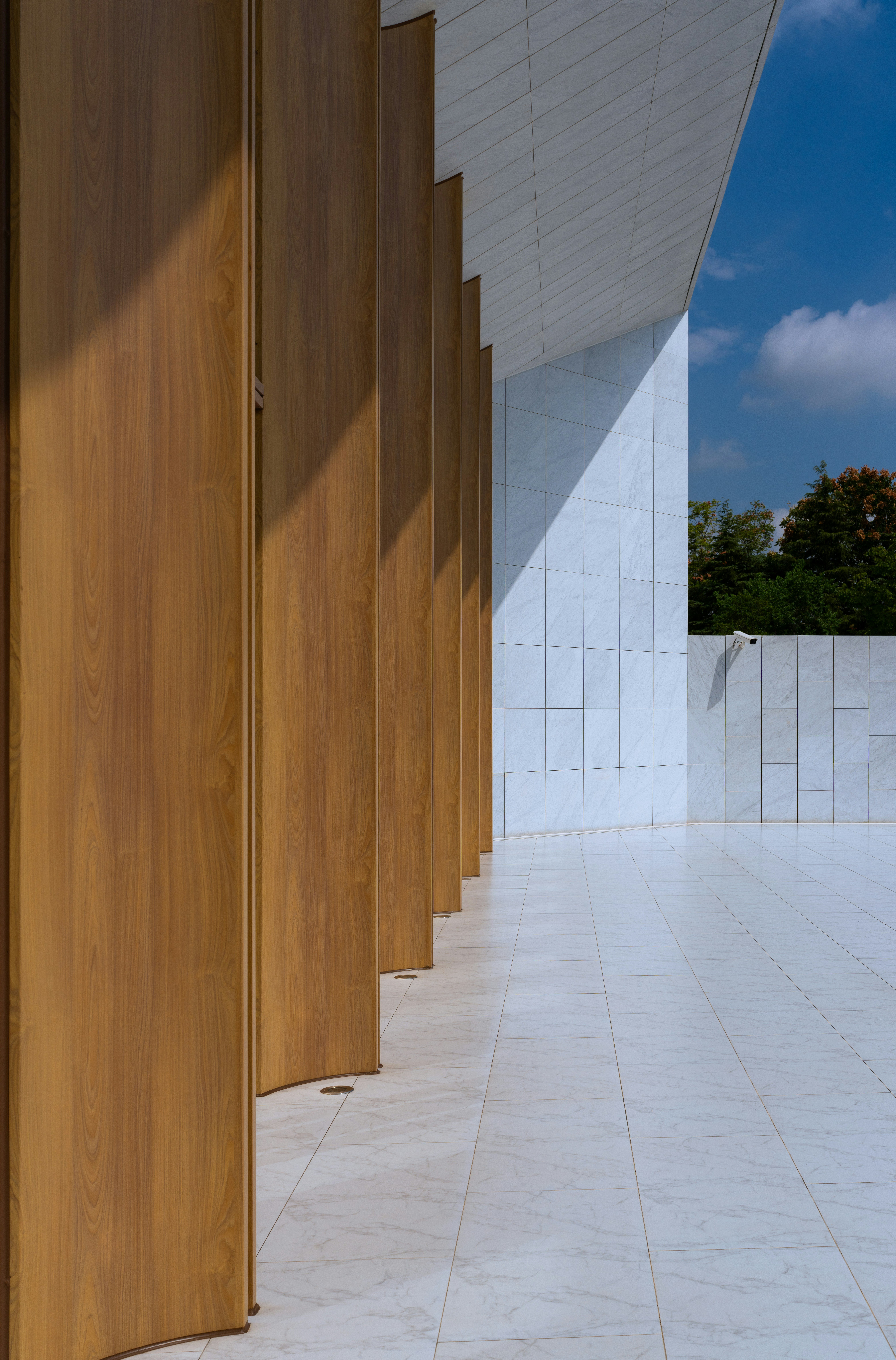 Modern building exterior with wooden panels and white marble.