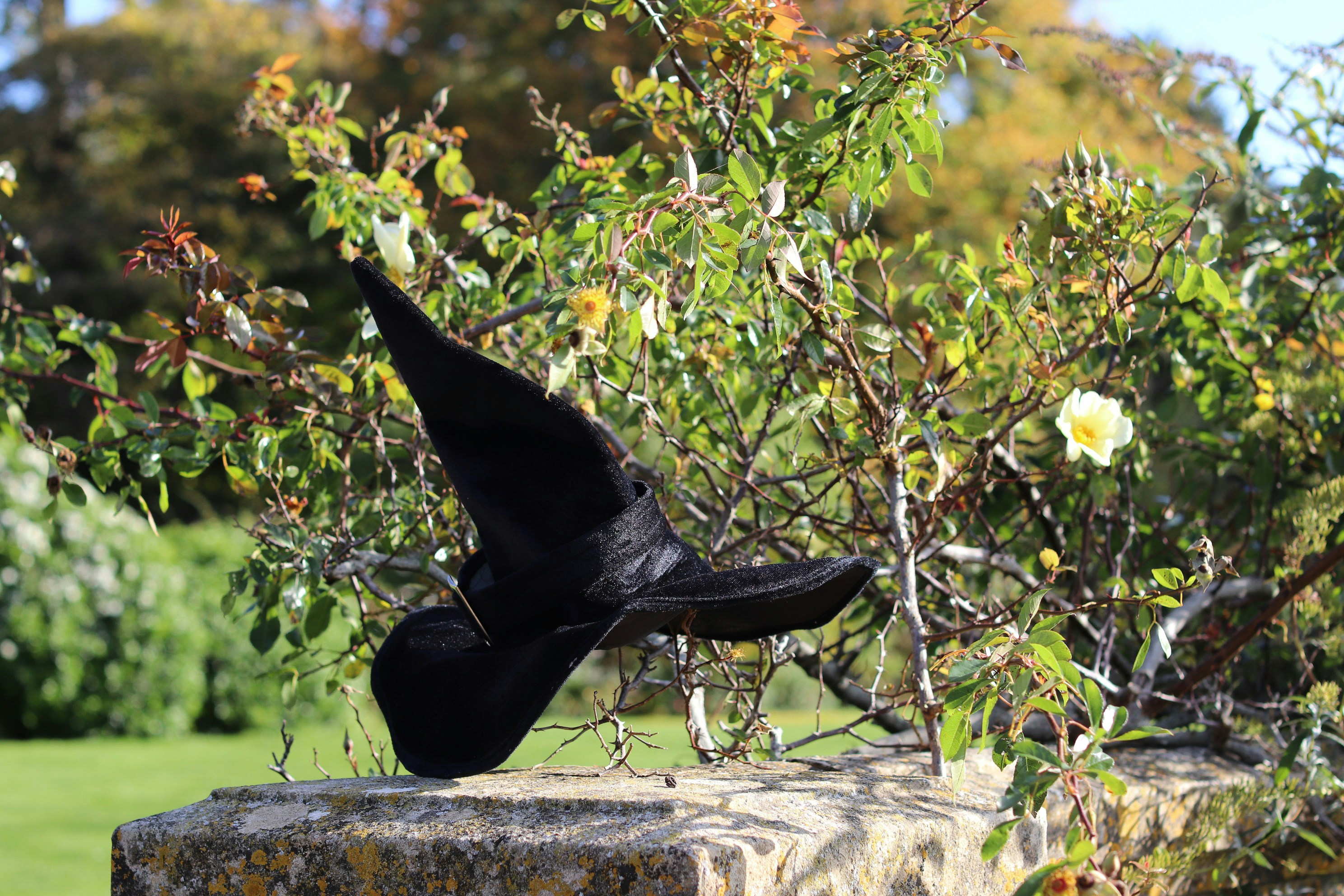 Black witch hat resting on a stone wall