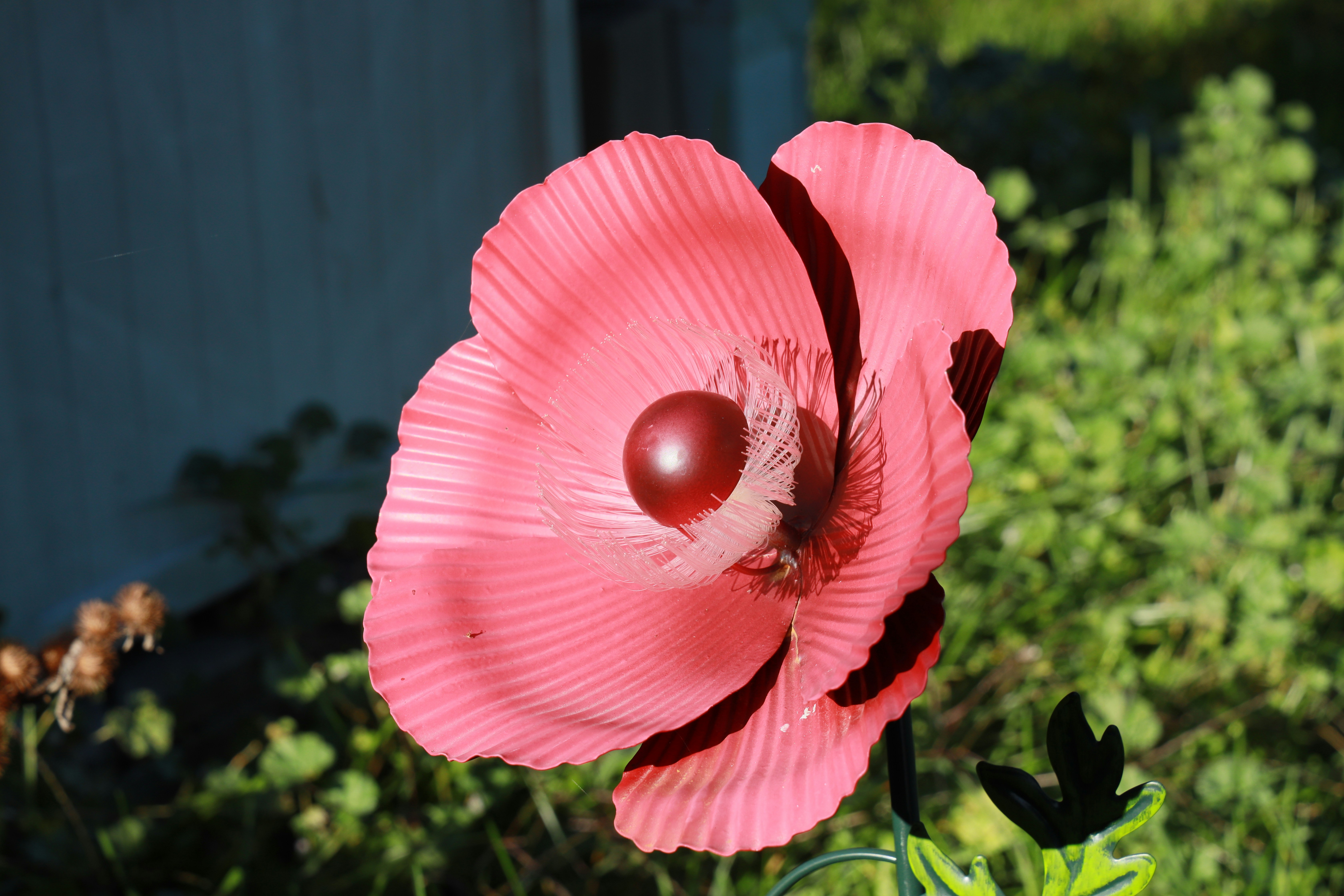 A pink metal poppy flower with a dark center.