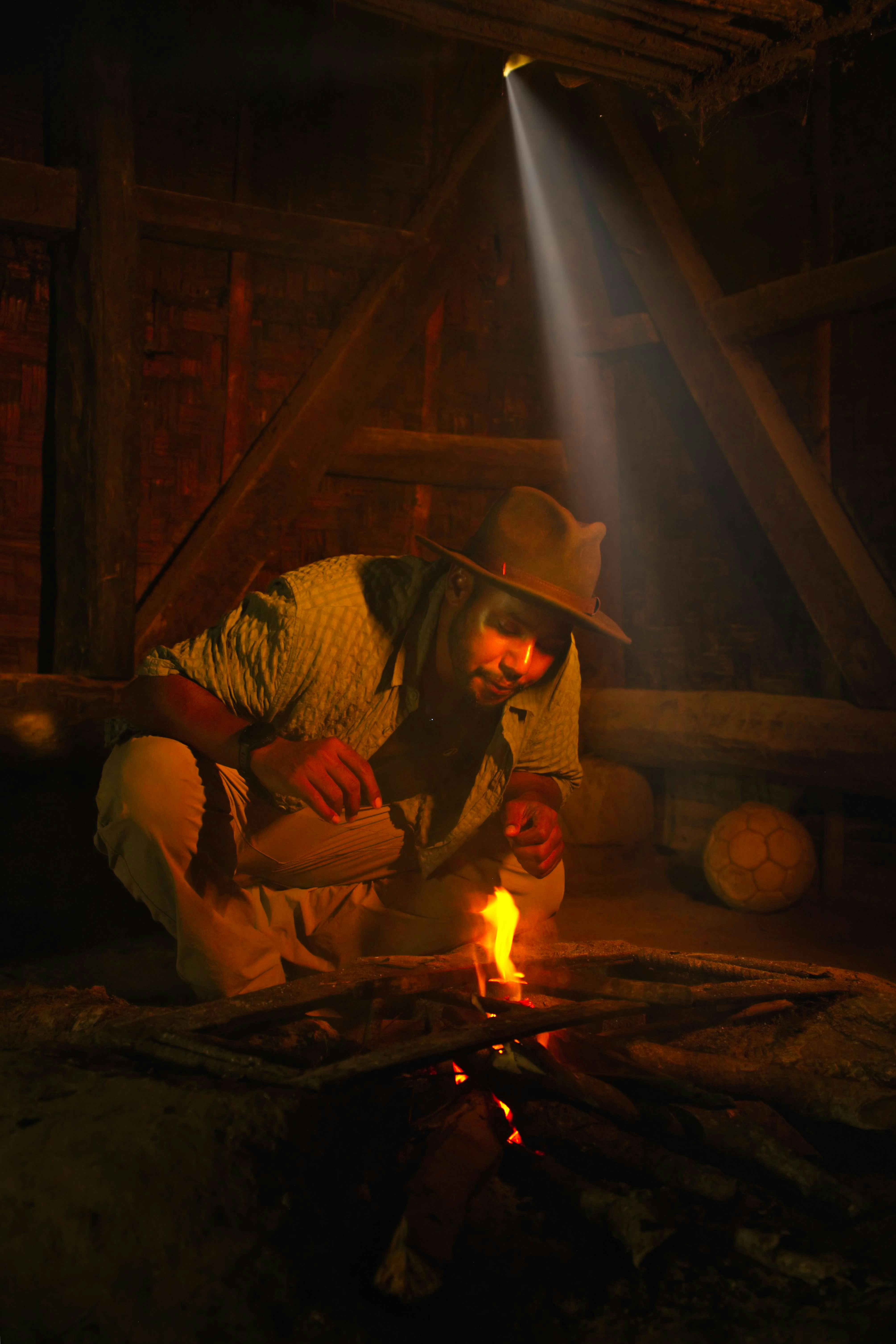 Firelight Reverie: A Lantern-Clad Wanderer in the Attic