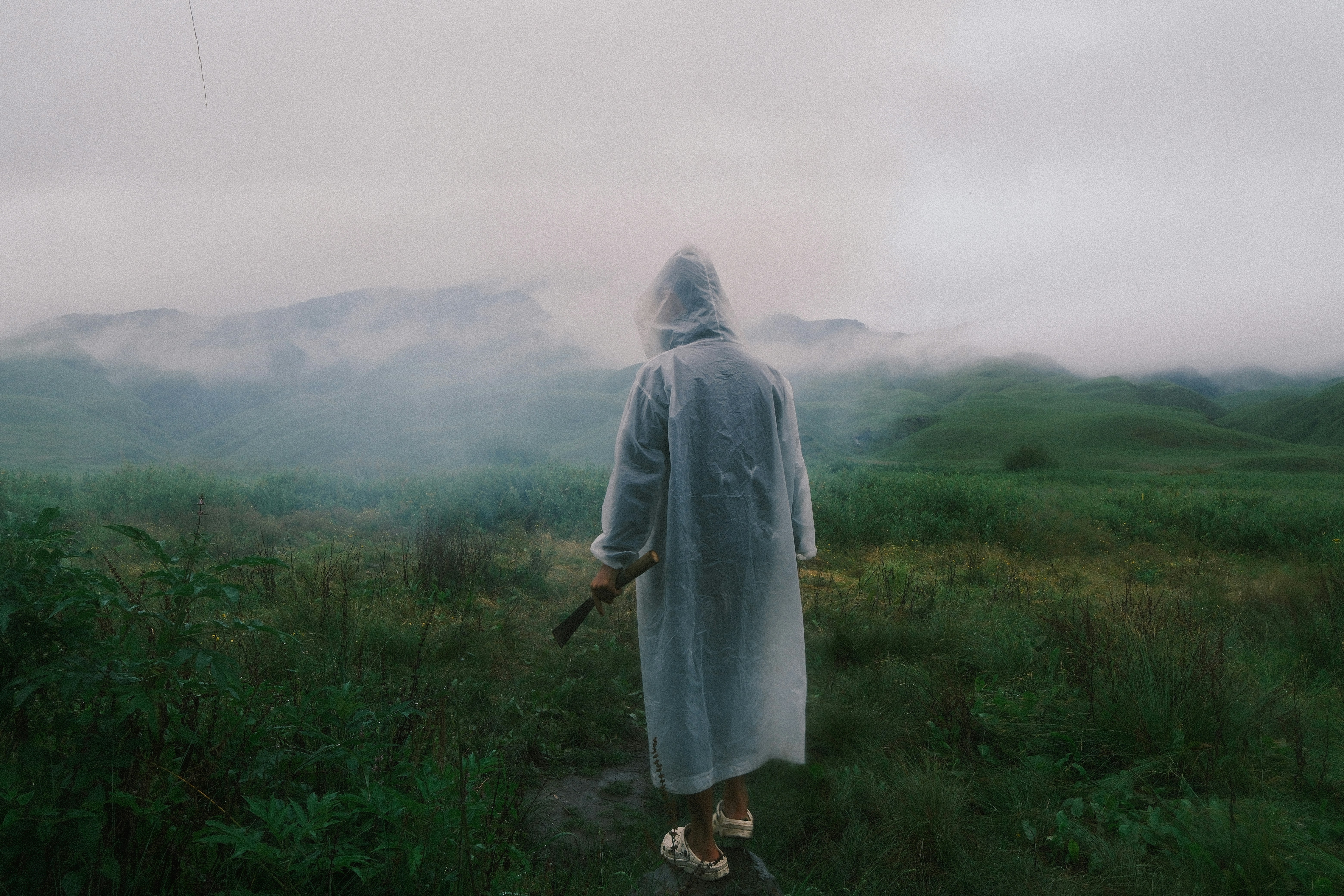Mist-Walker on the Moor: Hooded Figure Steps into Veiled Fog