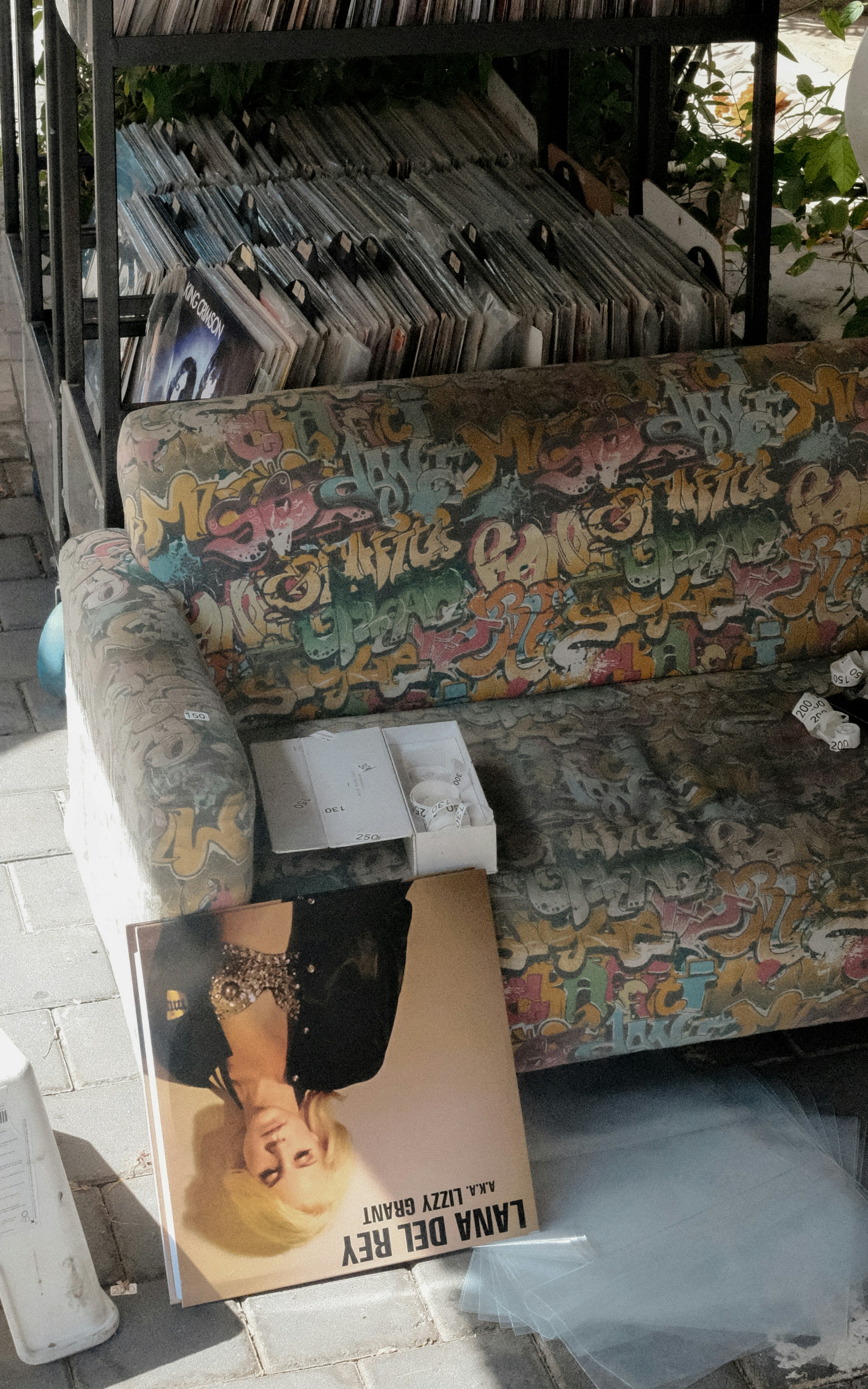 Vinyl records displayed next to a patterned couch.