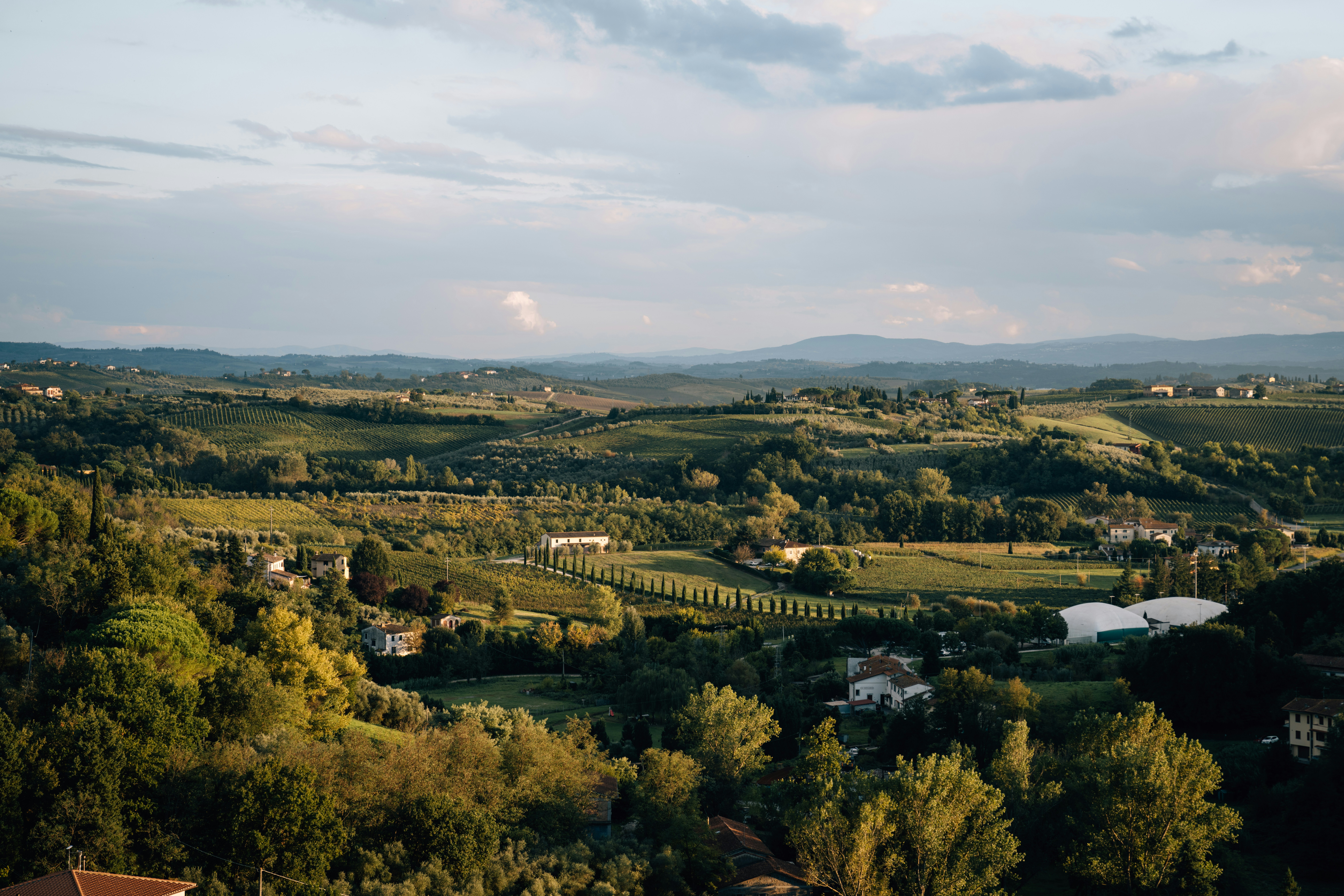 Rolling green hills with scattered houses under a cloudy sky.