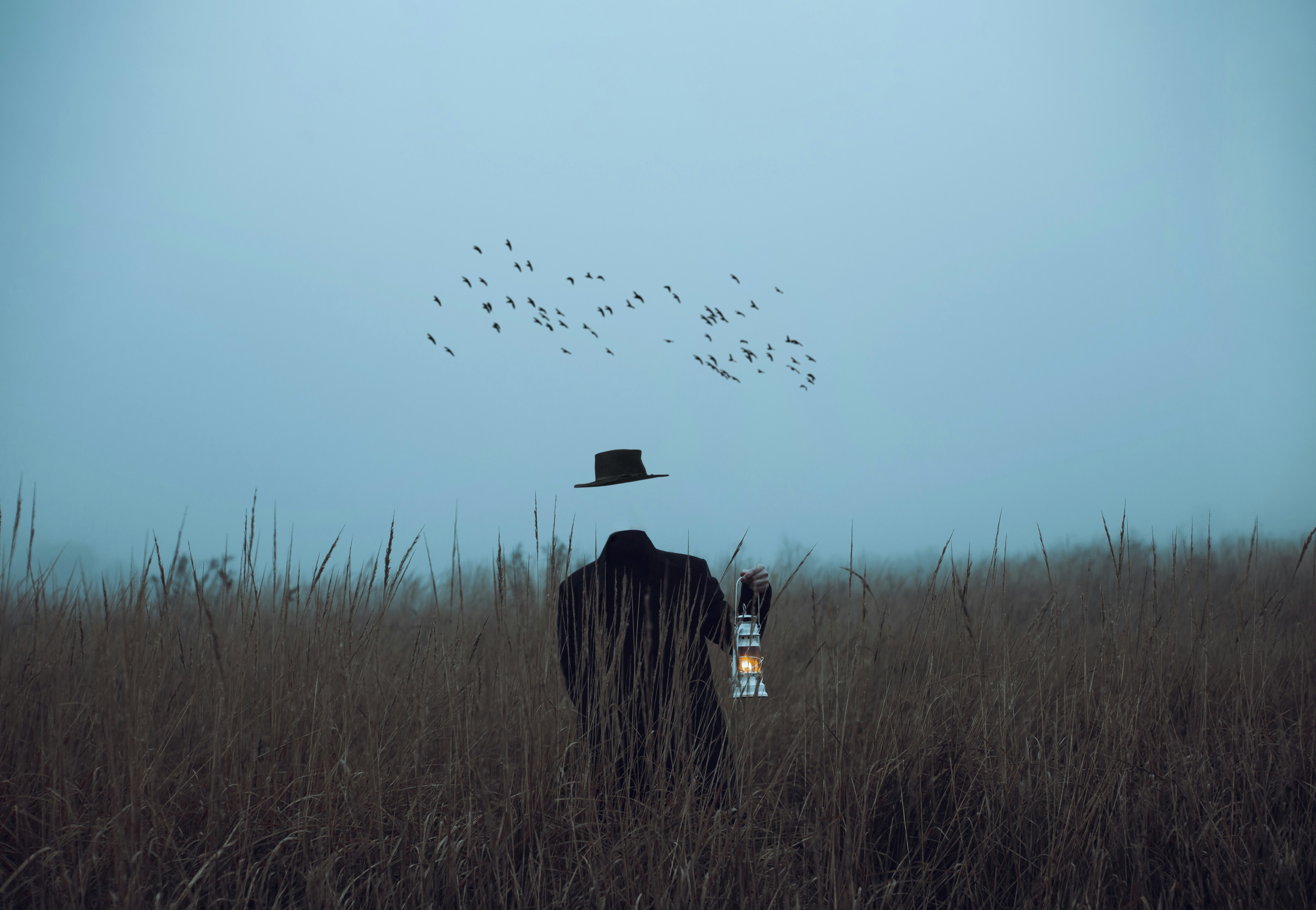 Figure in a hat holding a lantern in a field