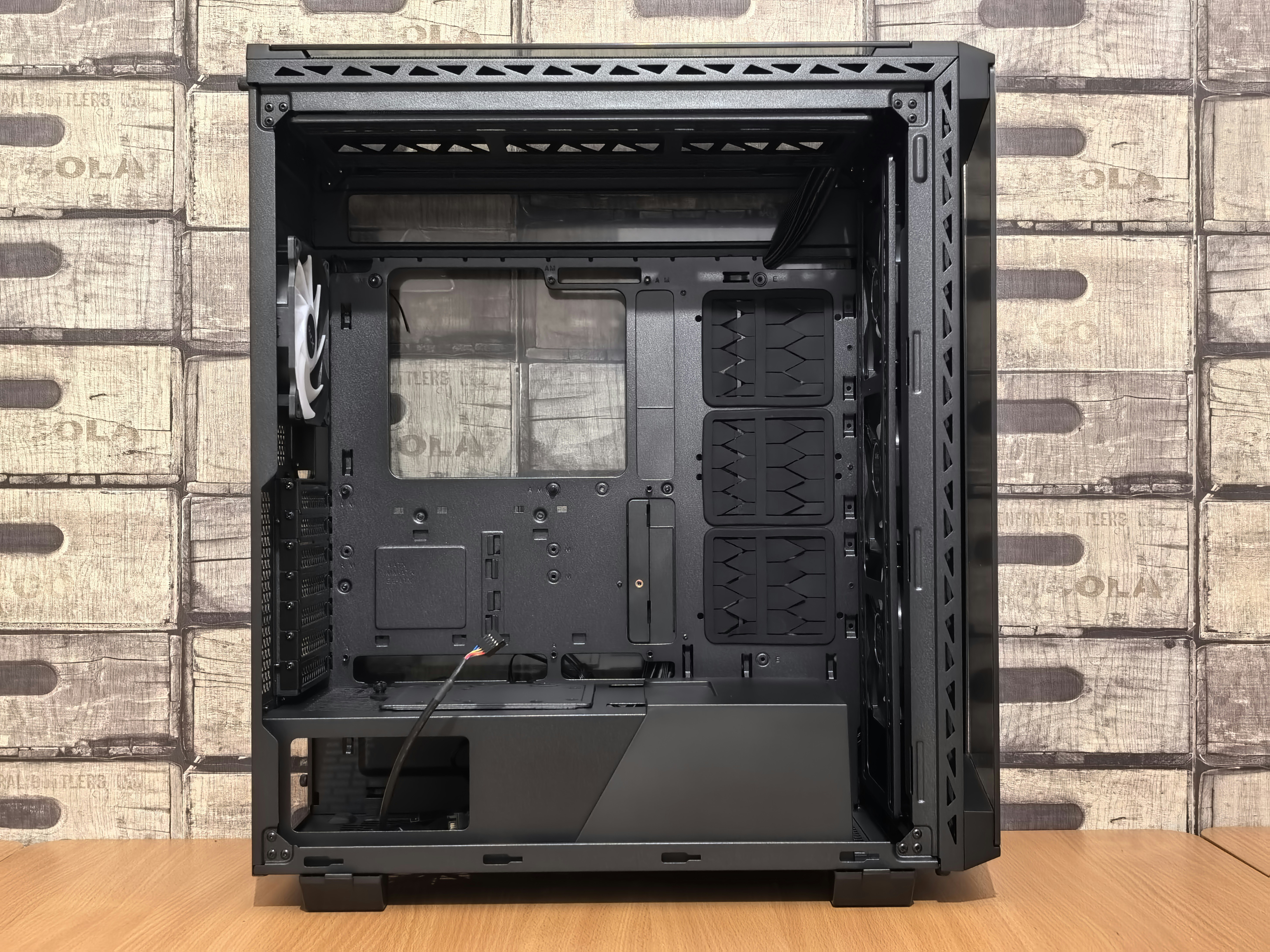 Empty black computer case with internal components