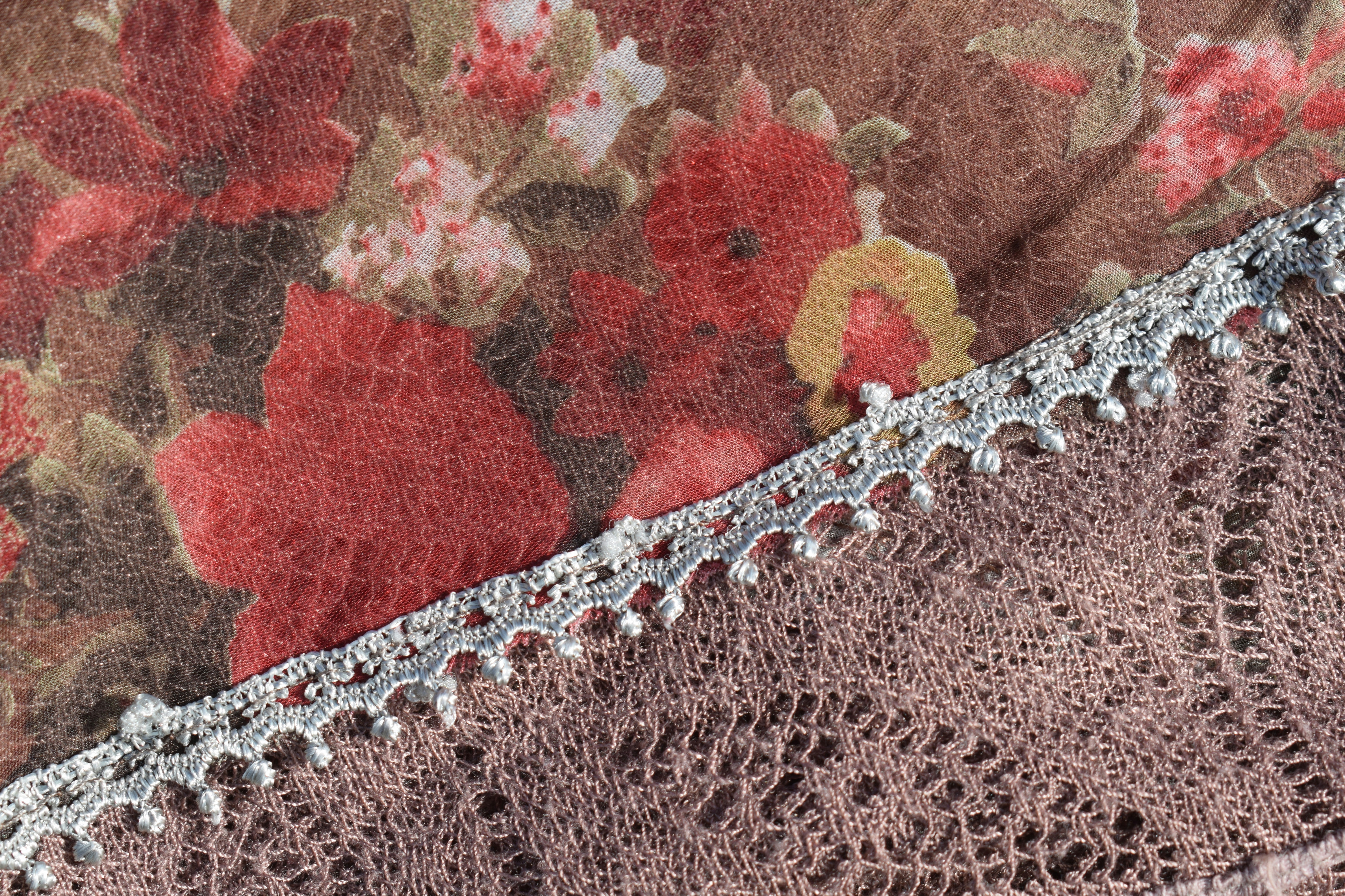 Close-up of floral fabric with lace trim