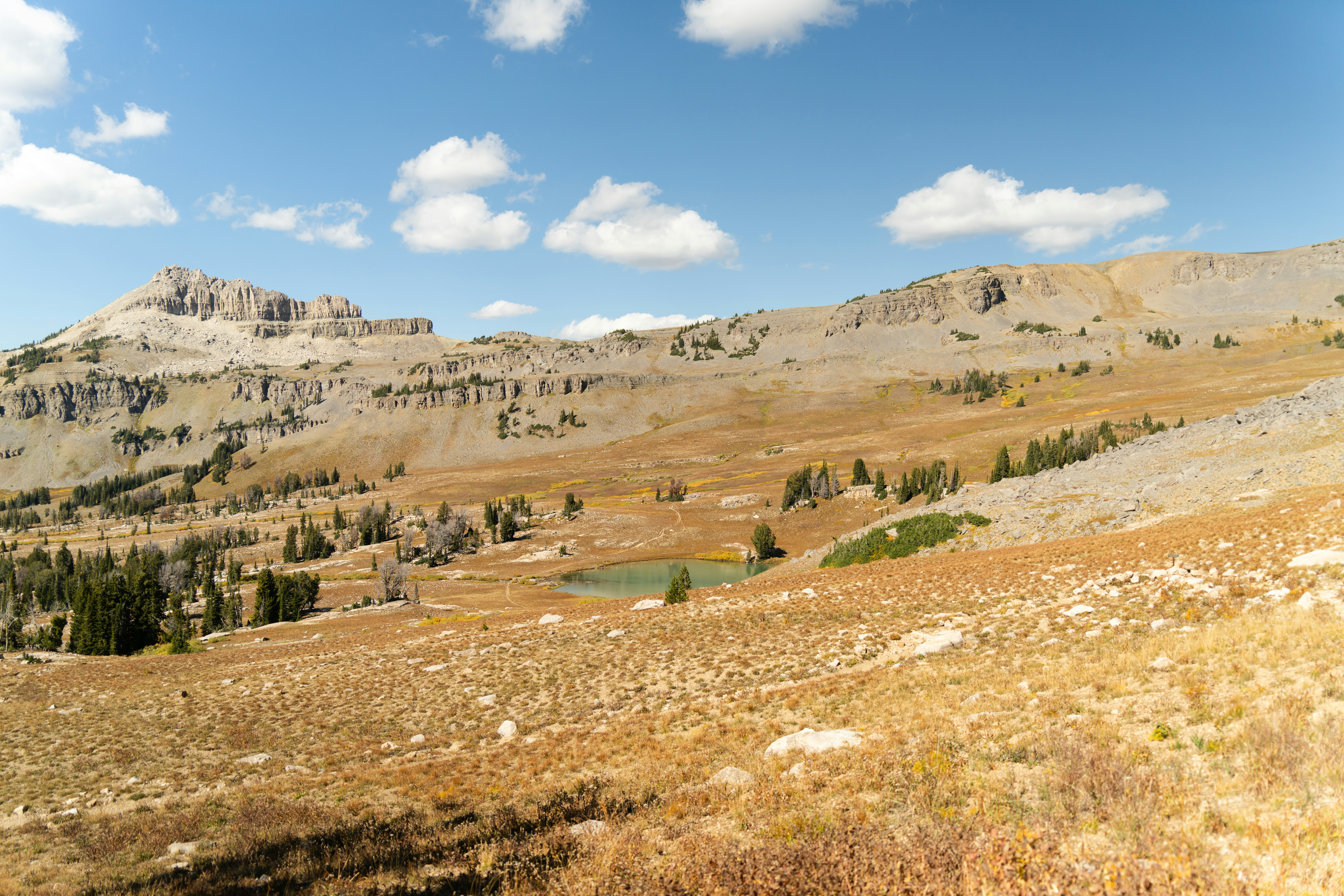 Expansive mountain landscape featuring rolling hills, a serene pond, and scattered trees under a clear blue sky.