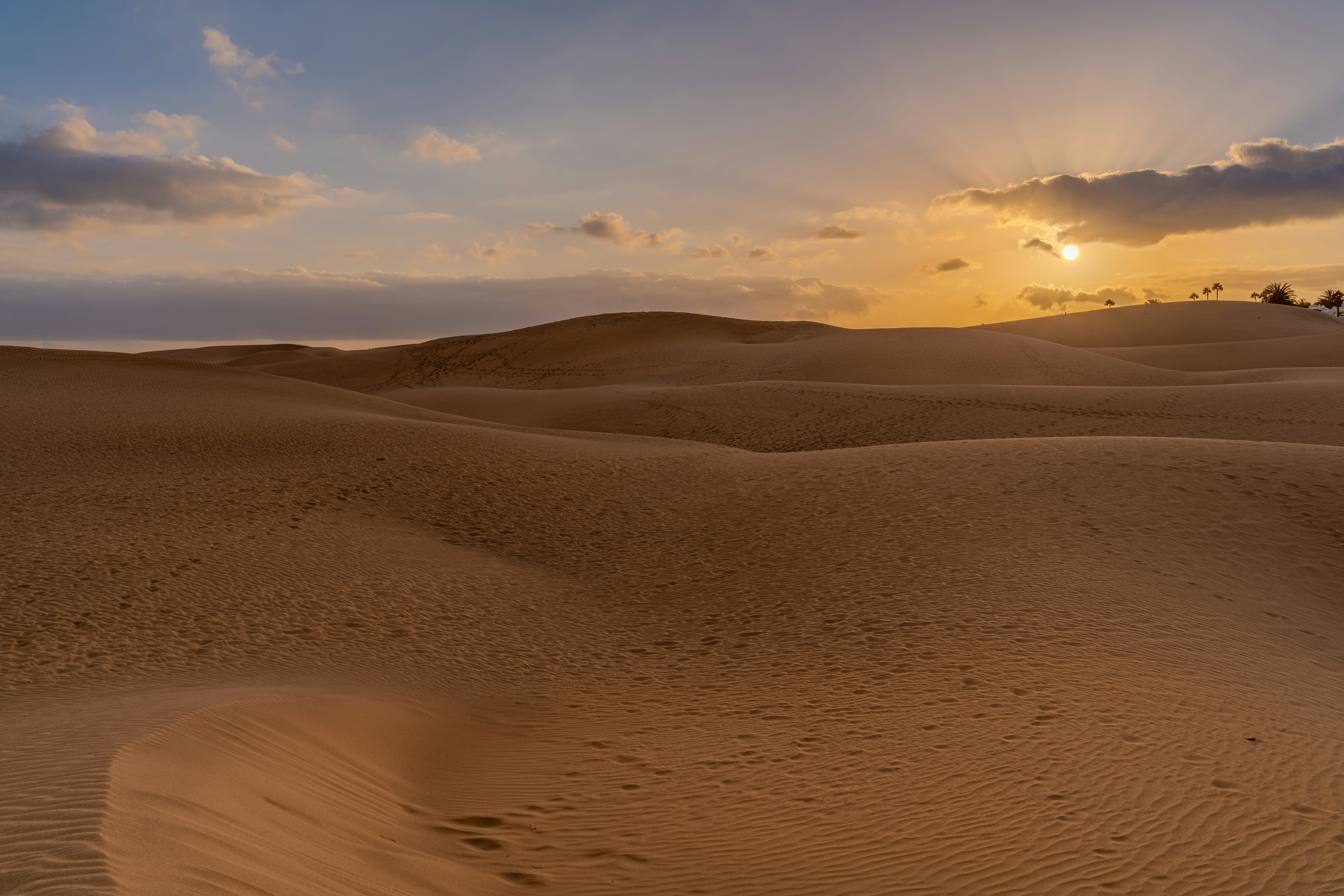 Soft golden light washes over the rippling sand dunes of Maspalomas in Gran Canaria as the sun sets behind scattered clouds. The vast desert landscape glows in warm tones, capturing the quiet beauty of the Canary Islands at dusk. | Sunset over rolling sand dunes in a desert.