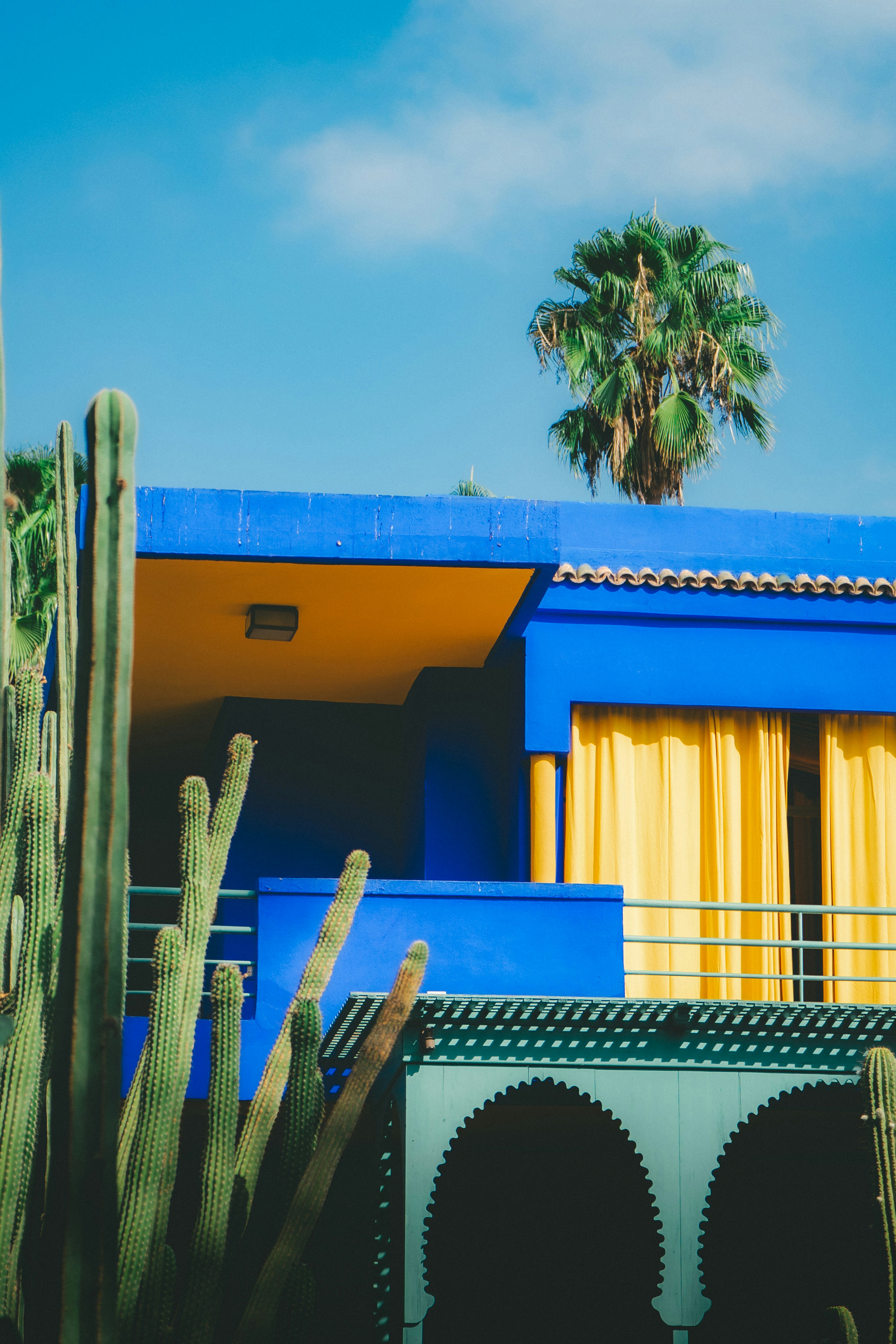 Cobalt Facade and Sunlit Drapes: Desert Architecture Portrait