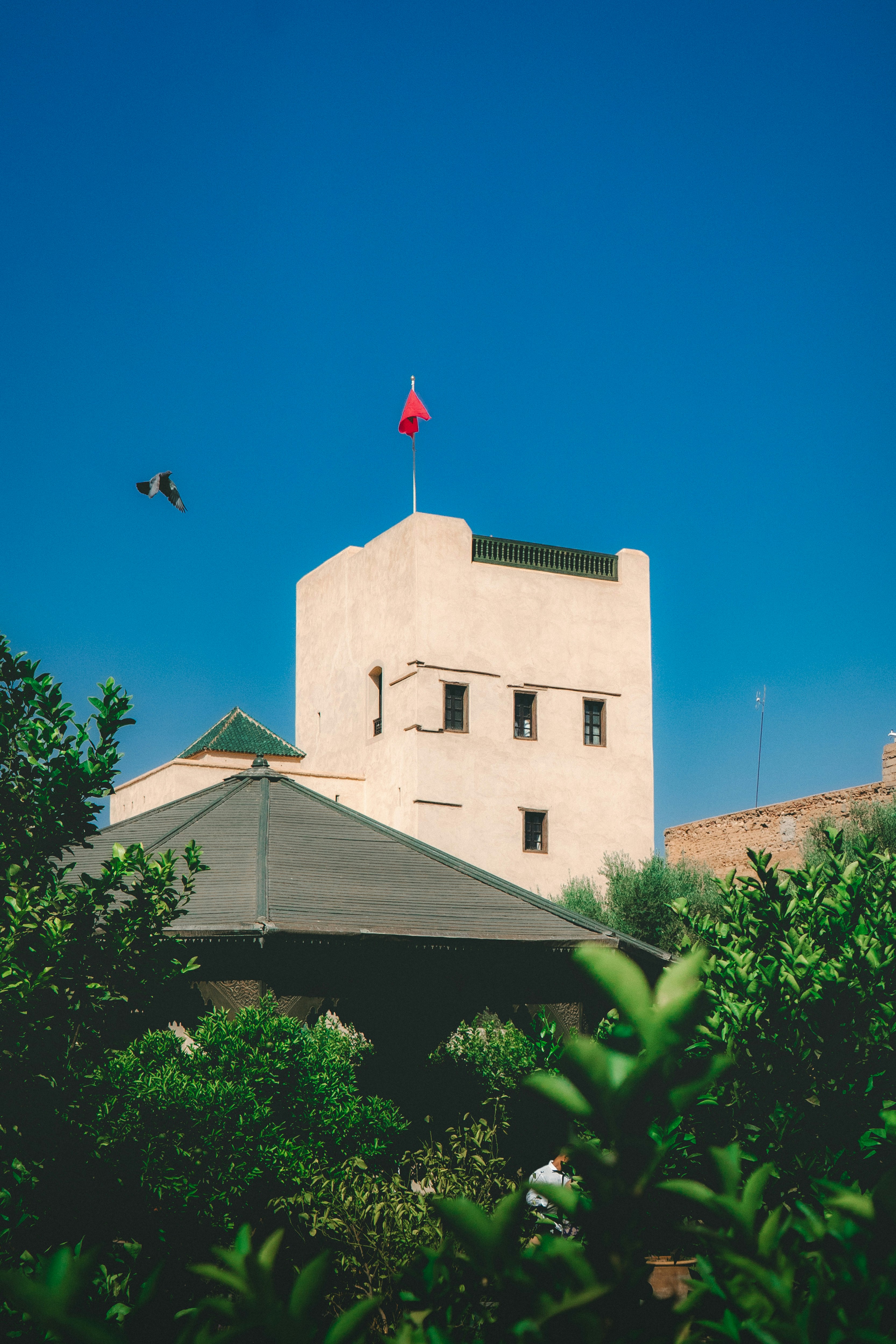 Flag atop a sunlit fortress tower above a verdant courtyard