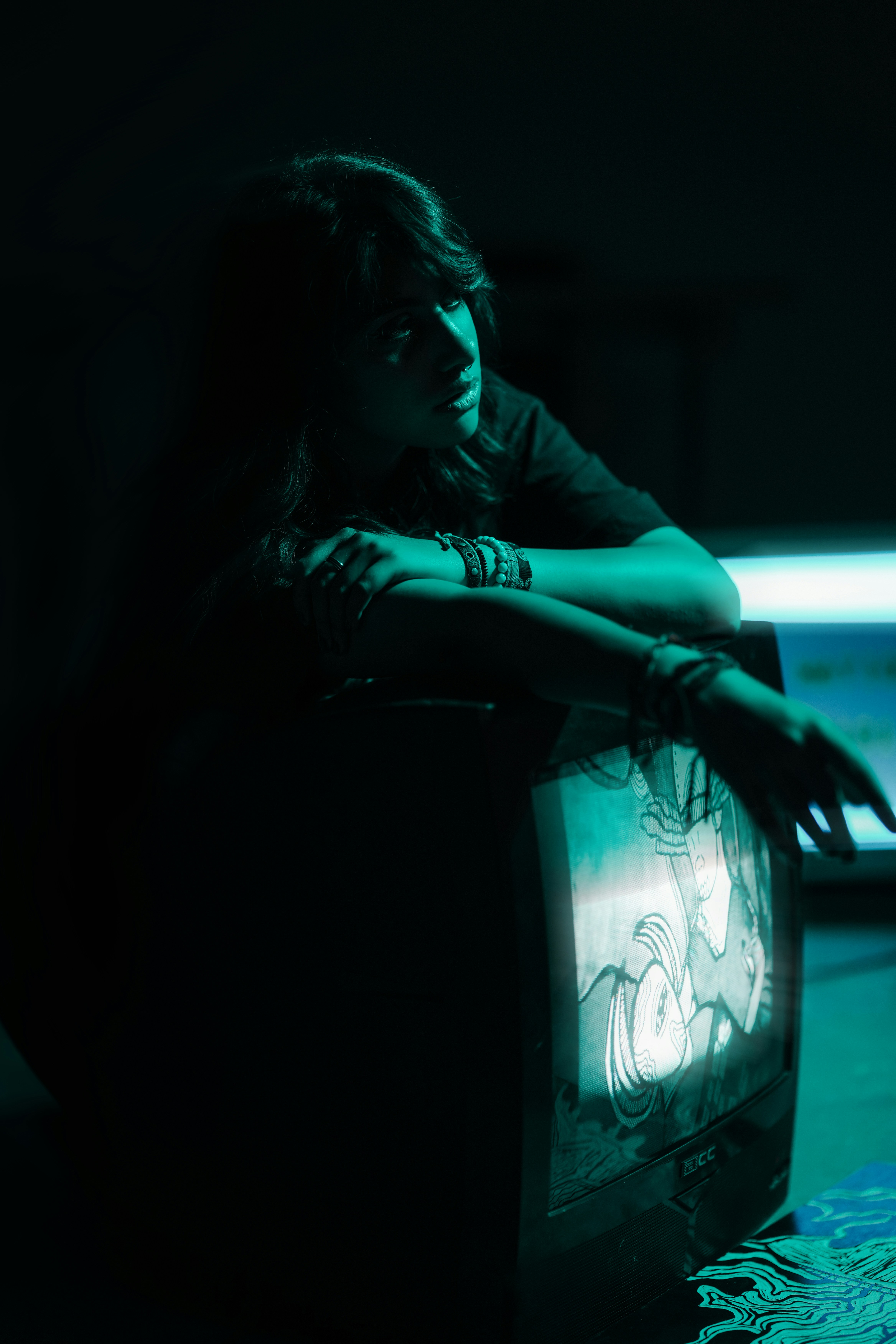 Teal Afterglow: A Quiet Portrait Caught in a Retro-TV Glow