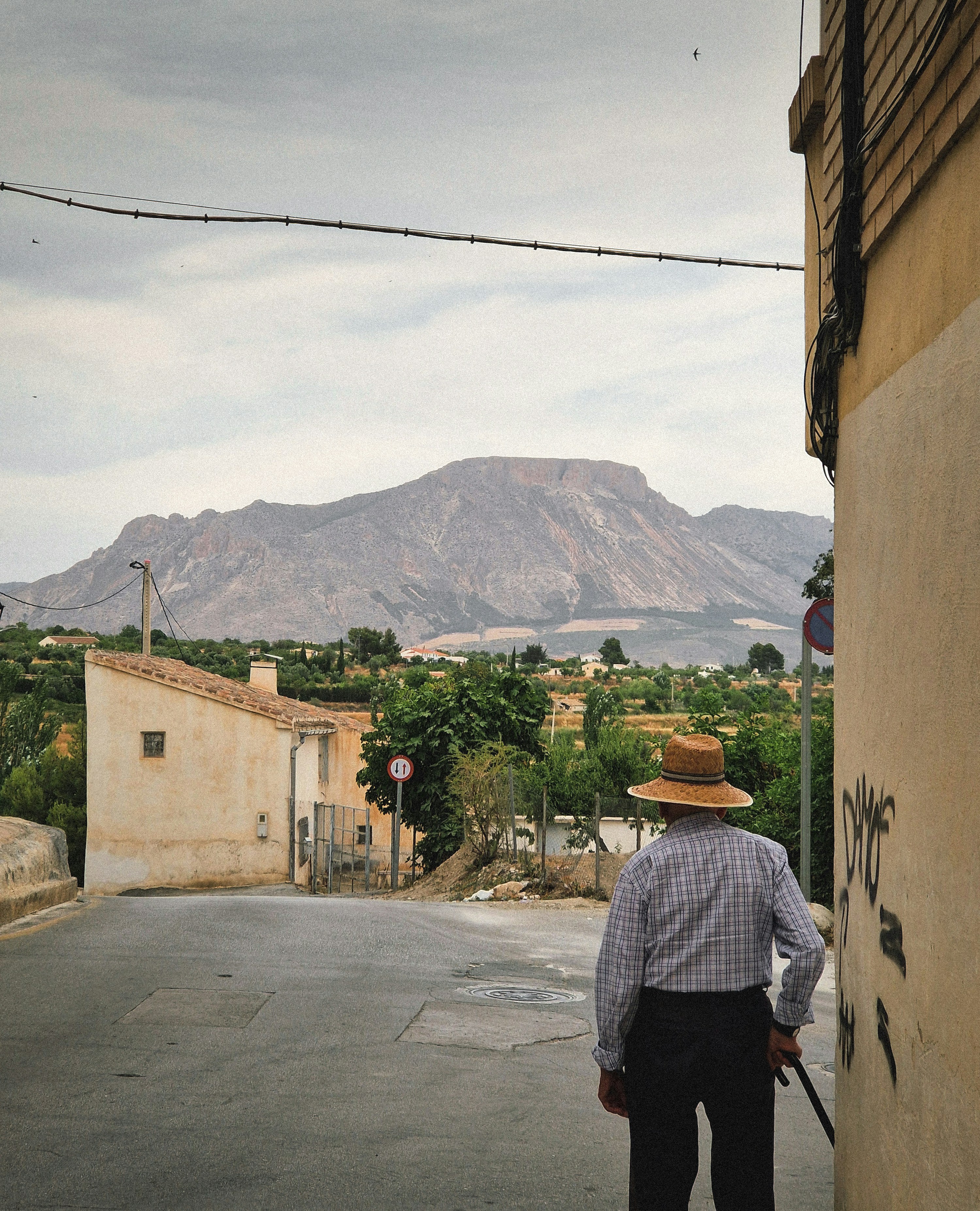 Man in straw hat walks down street towards mountain.