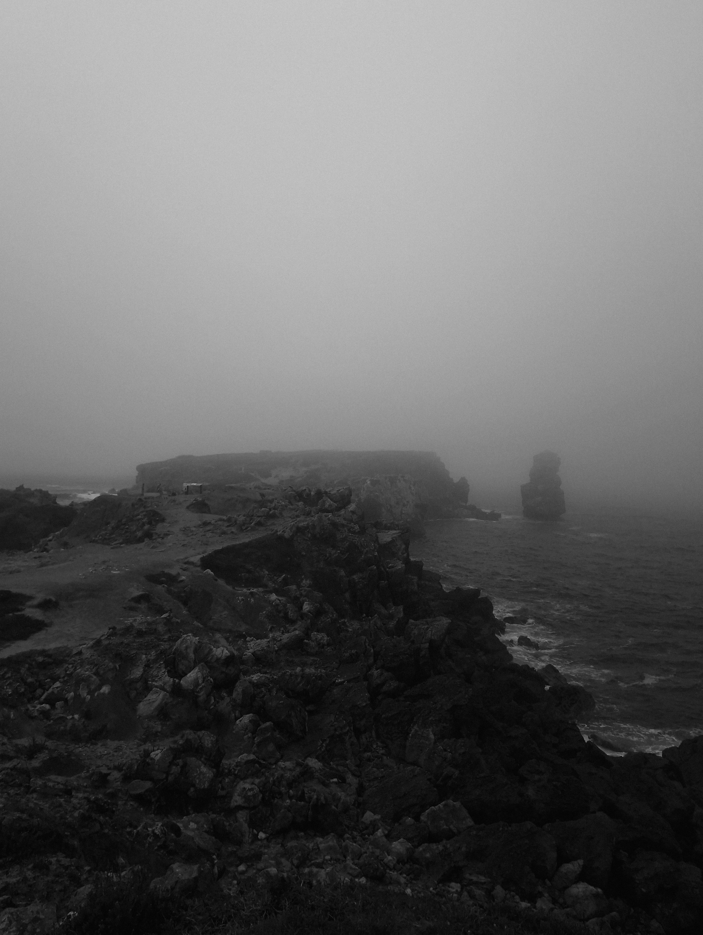 Rocky coastline shrouded in dense fog