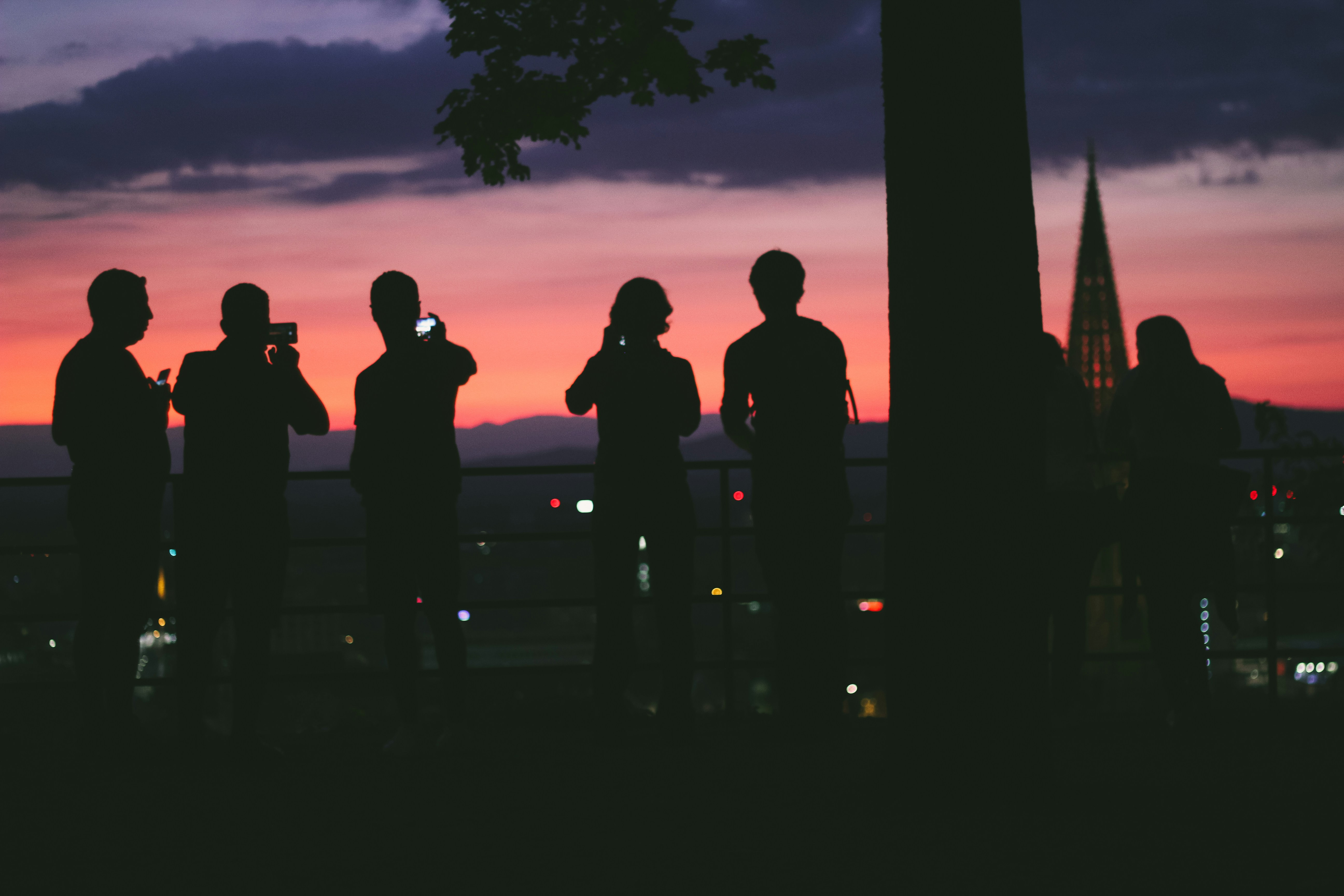 Silhouettes of individuals capturing a colorful sunset, framed by trees and city lights in the background.
