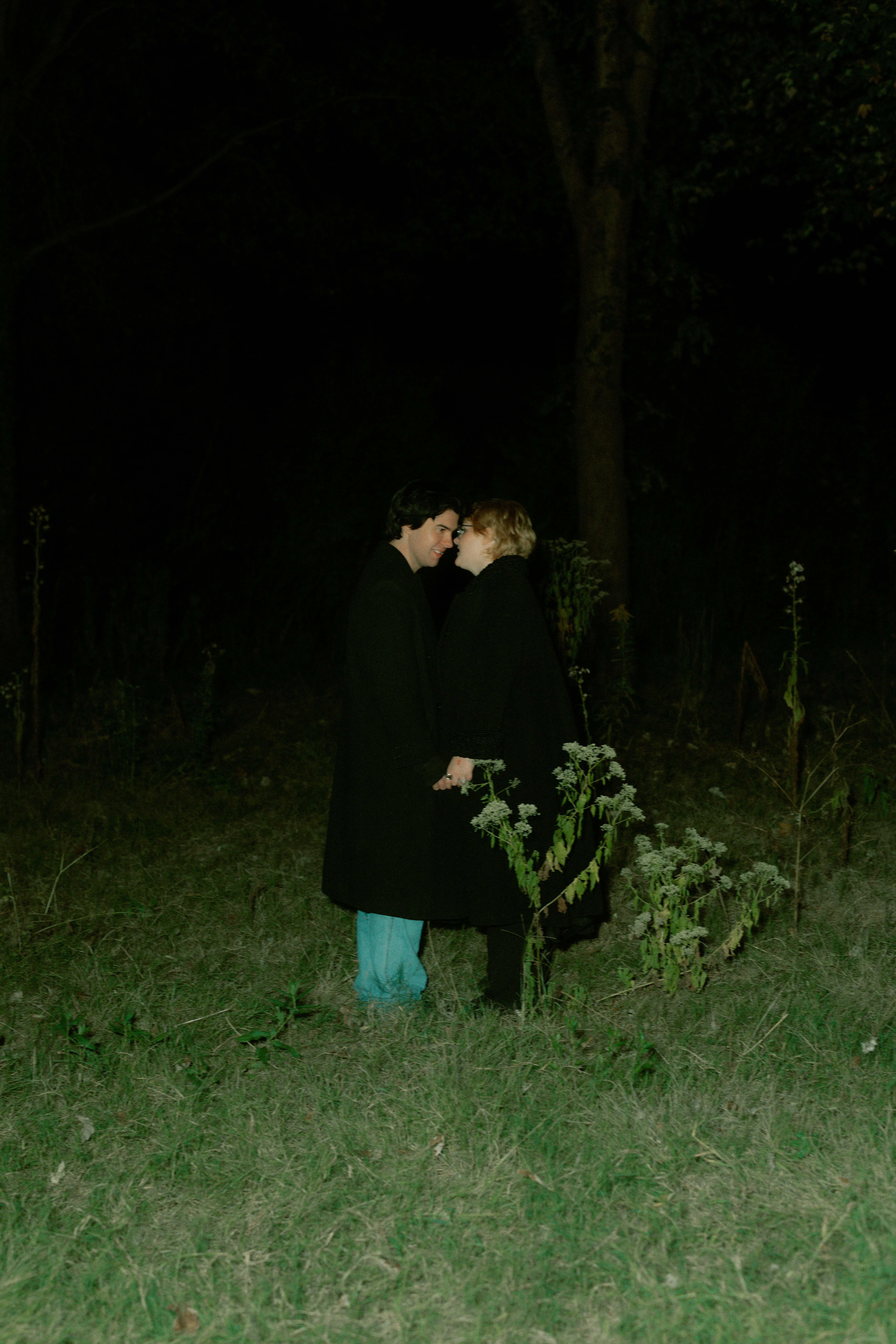 Couple sharing an intimate moment in a dark, grassy clearing, surrounded by tall plants and trees. Their dark coats contrast with the night backdrop.