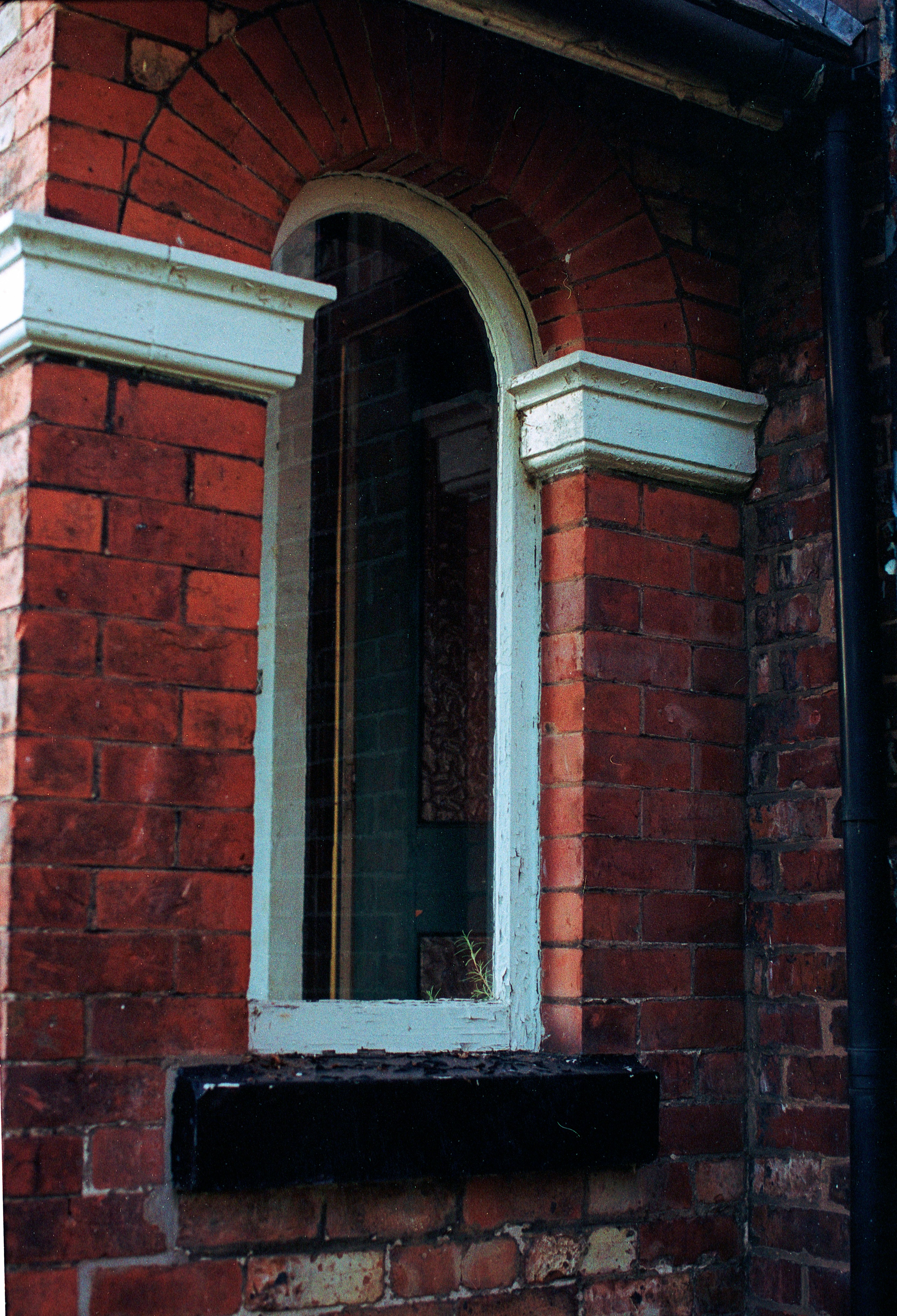 An old brick wall featuring a weathered window frame, with hints of greenery peeking through the sill. The scene evokes a sense of nostalgia and decay.