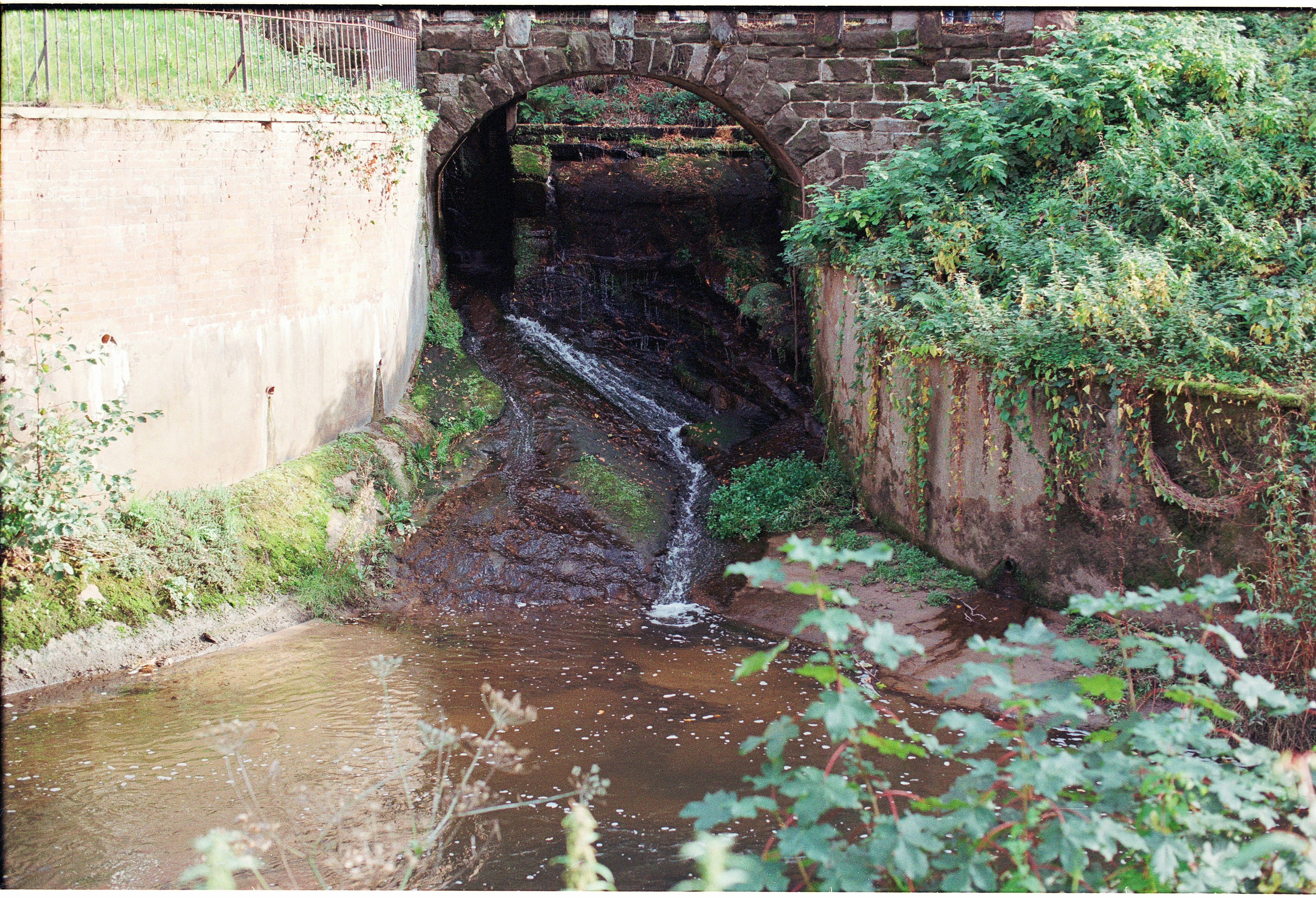 A serene waterway flowing through a stone archway, surrounded by lush greenery and moss-covered walls.