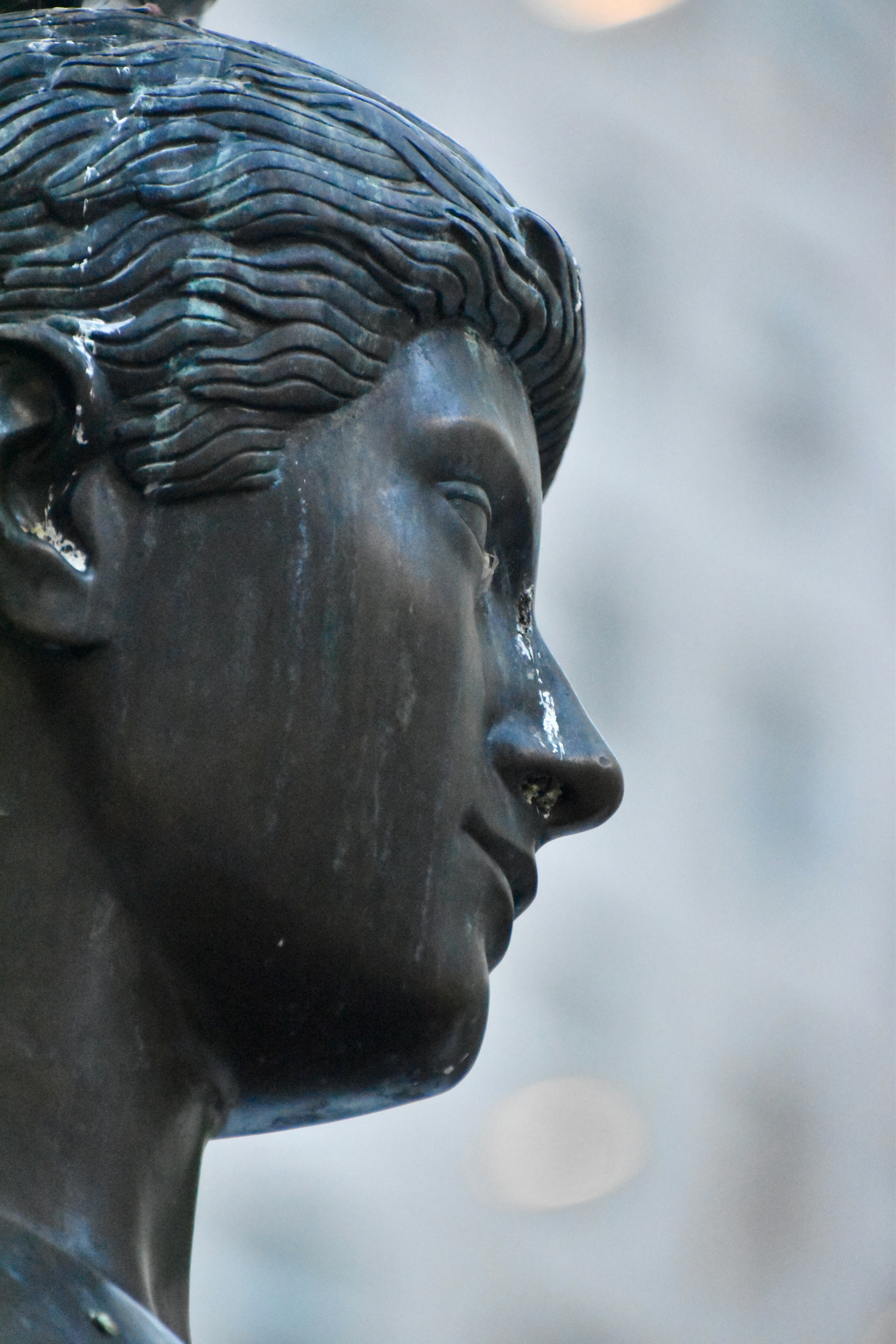 Close-up of a bronze statue's profile, highlighting intricate details of hair and facial features against a blurred urban background.