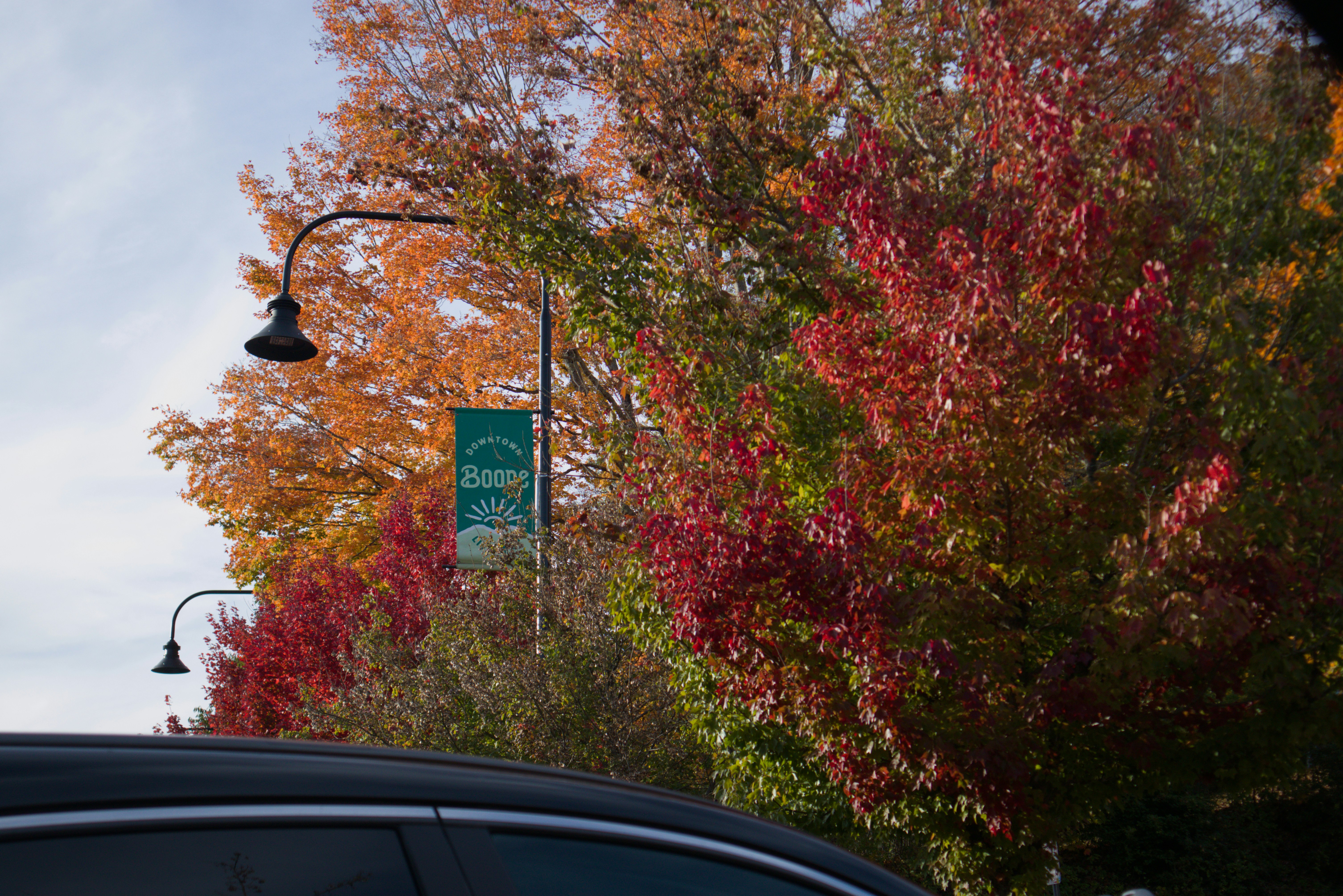 Vibrant autumn foliage frames a street banner in Boone, showcasing a blend of warm colors and urban elements.