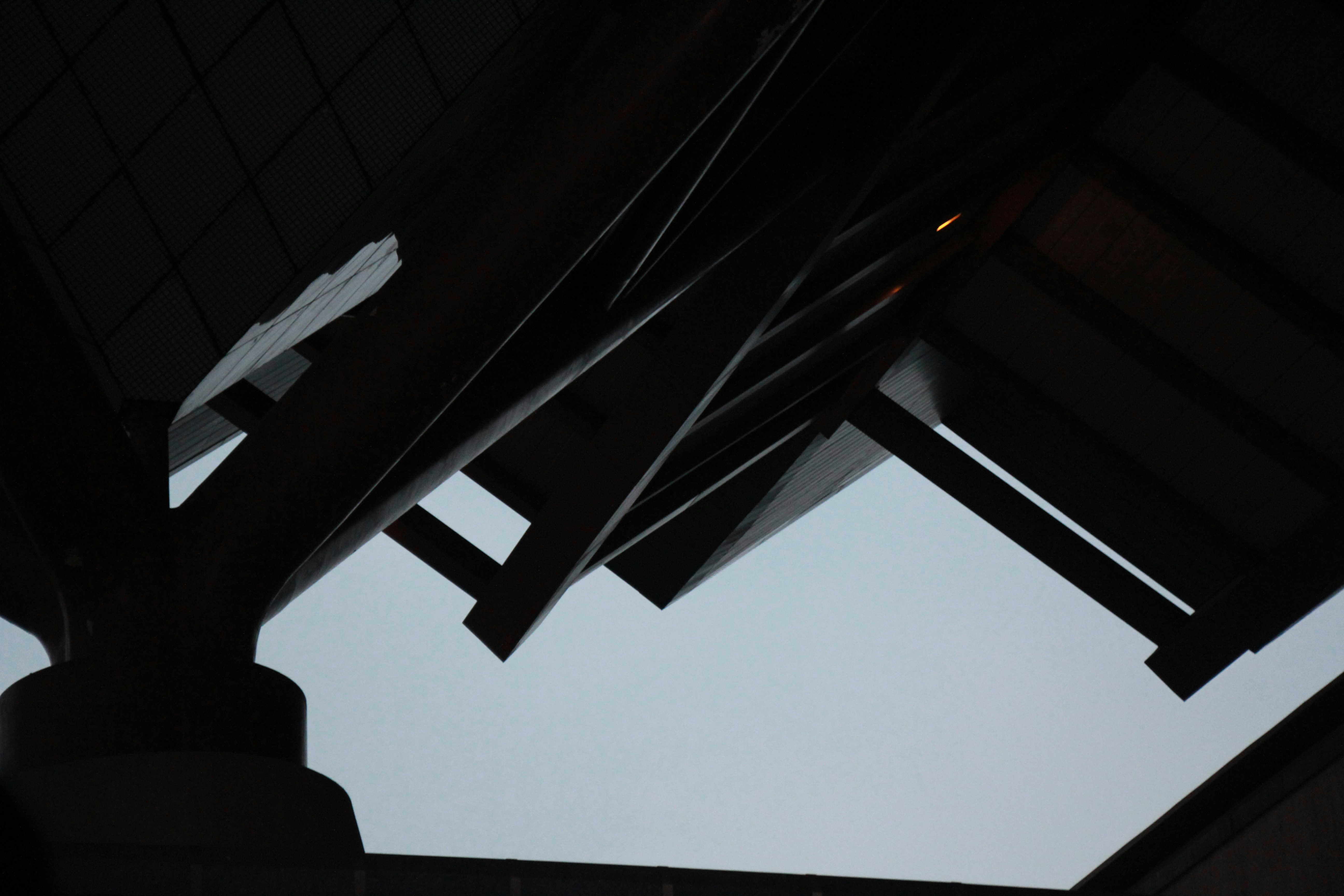 Abstract view of a building's roof structure with intersecting lines and a gray sky backdrop.