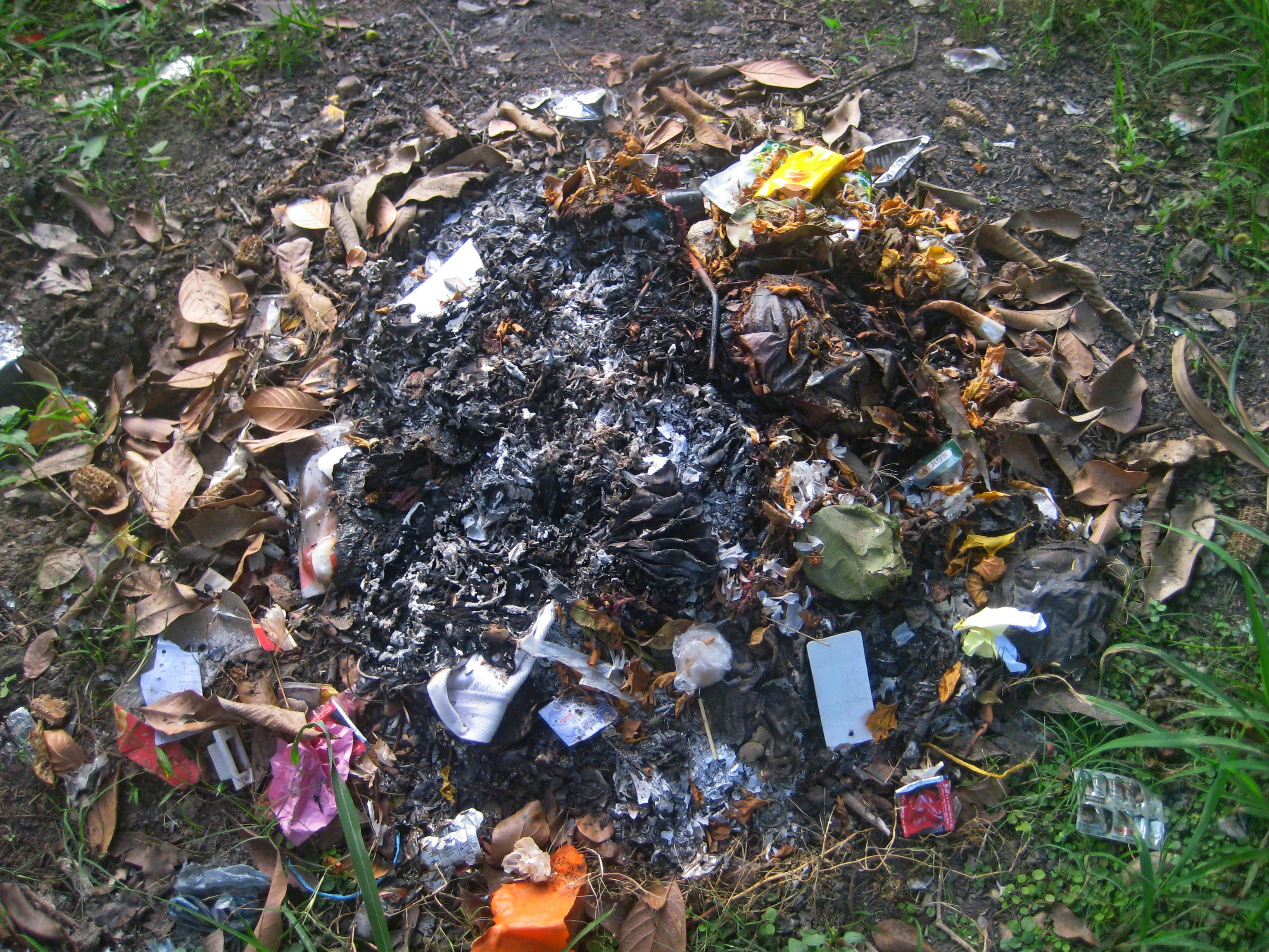 A circle of charred debris surrounded by fallen leaves, showcasing the aftermath of burning waste in a natural setting.