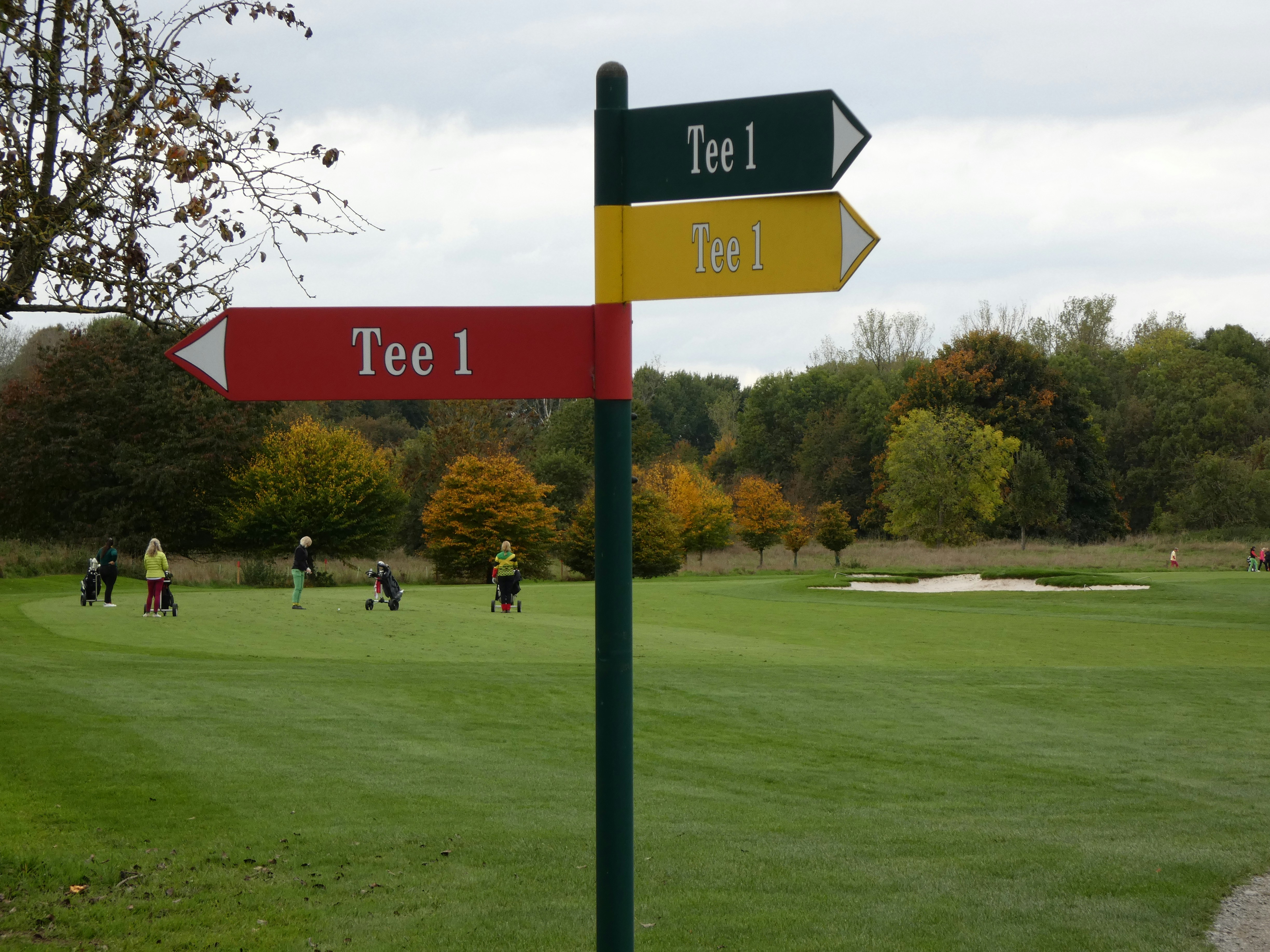 Directional signpost indicating 'Tee 1' on a golf course, surrounded by golfers and autumn foliage. 
