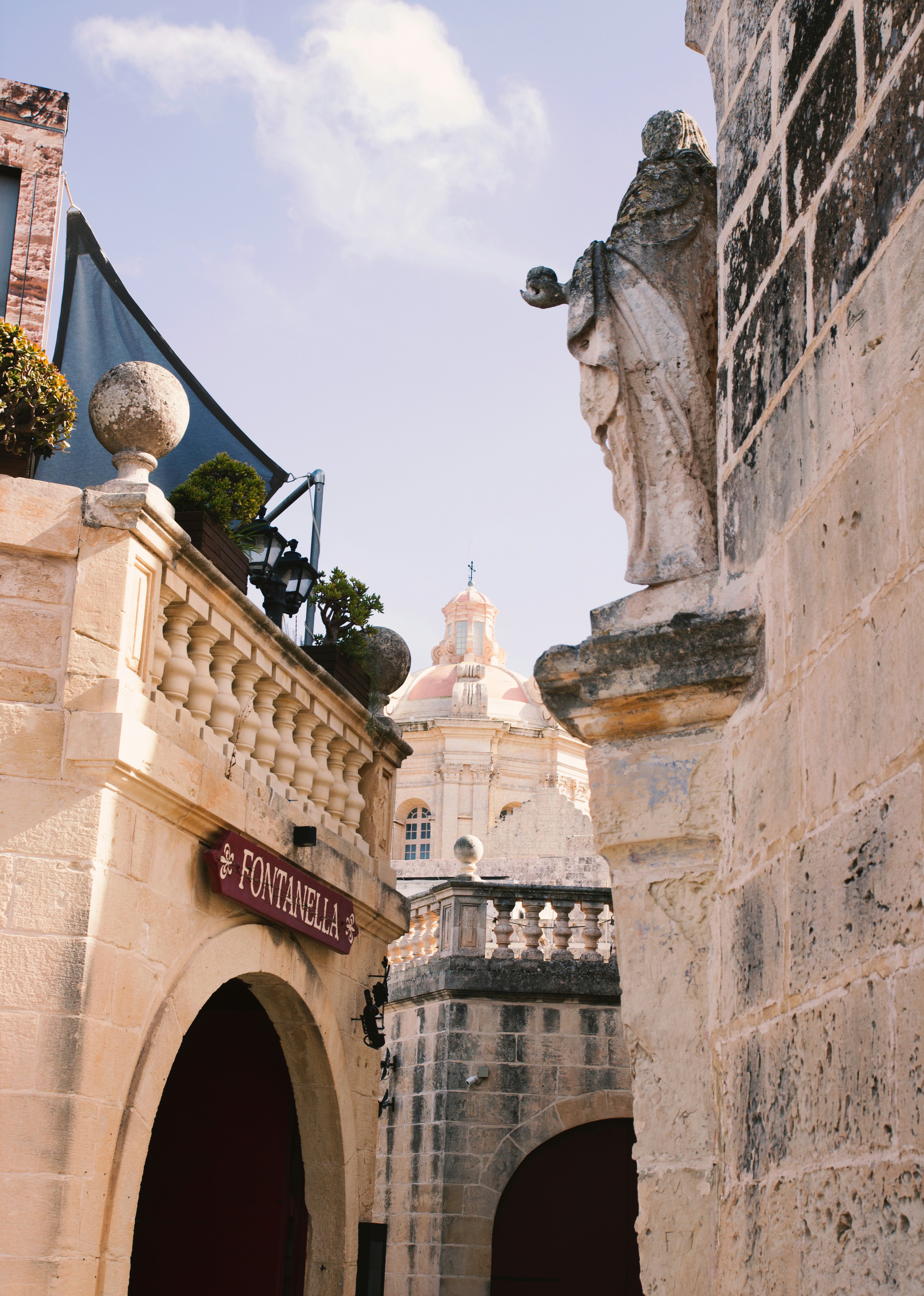 Arched entrance with a statue and dome building.