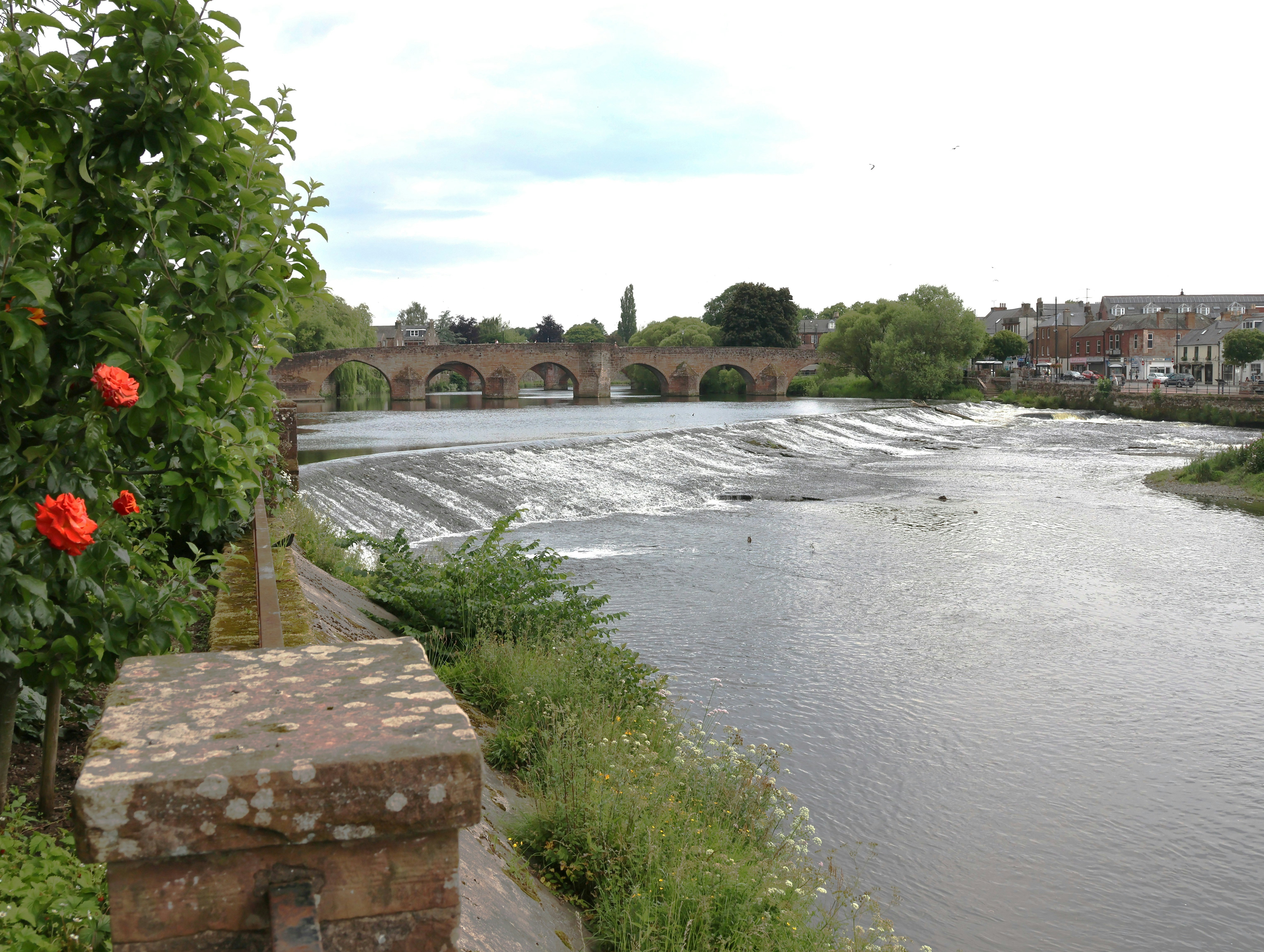 Weir at Castle Douglas | River flowing under a stone bridge with buildings.