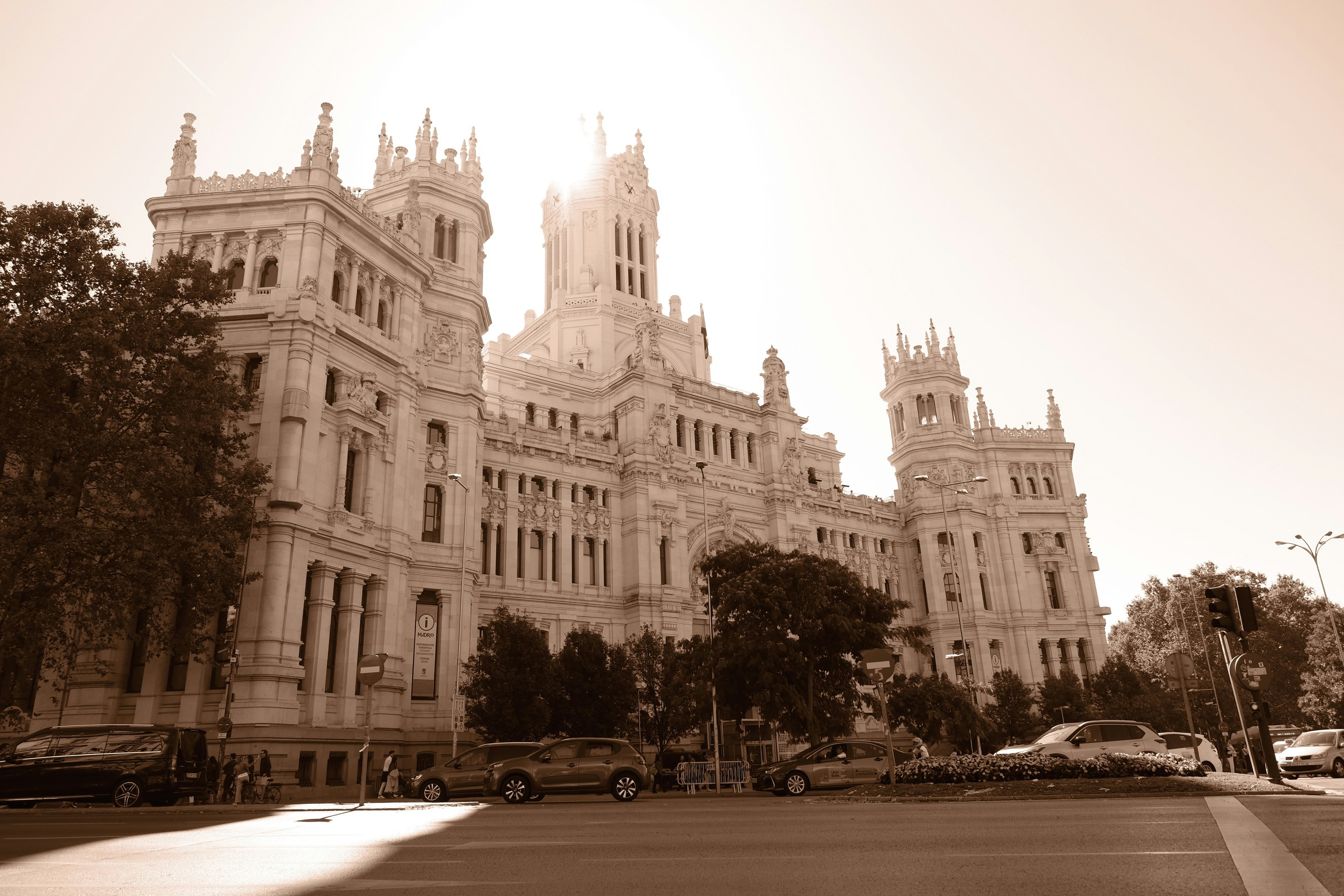 Ornate building with towers under bright sunlight