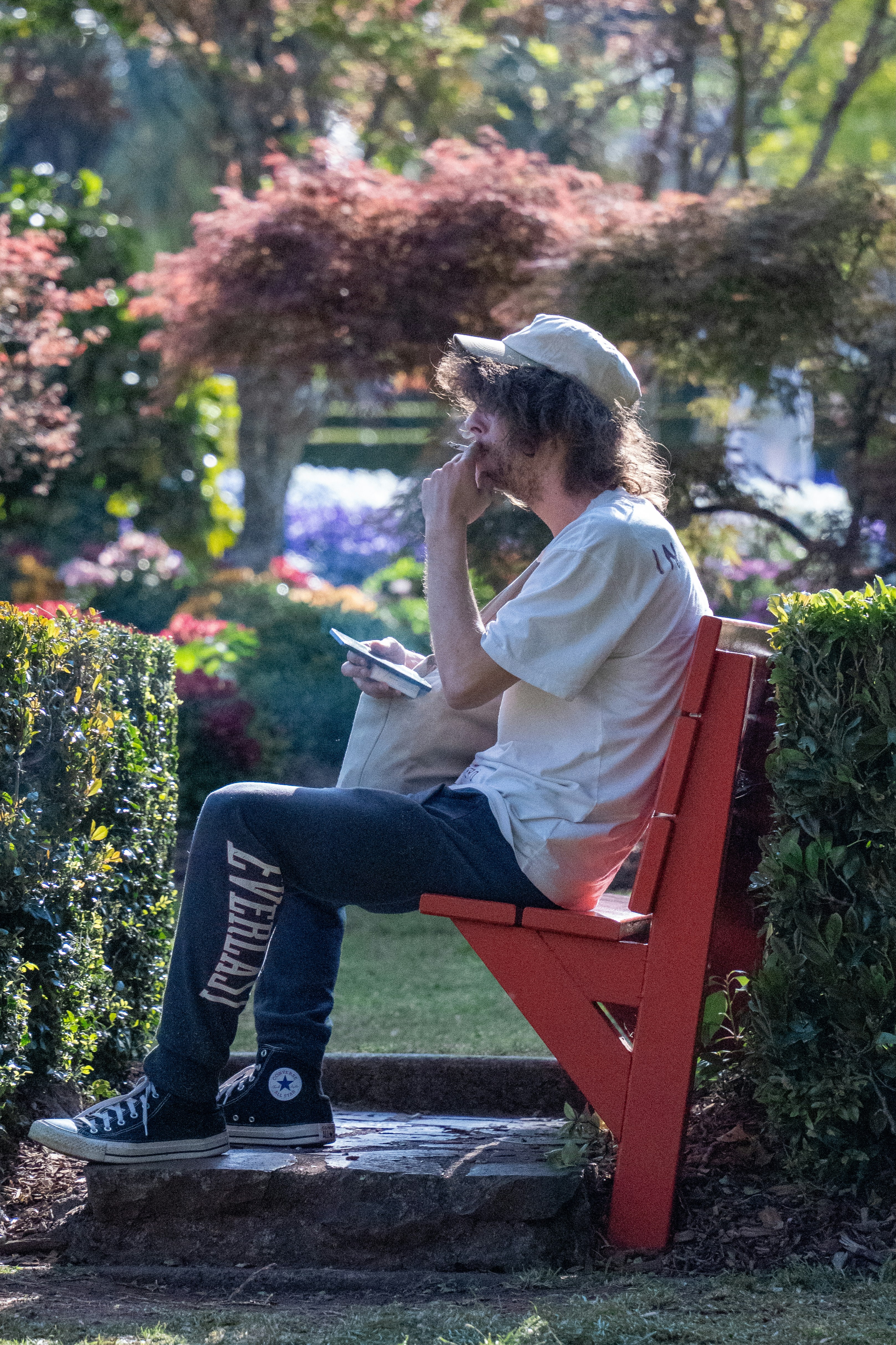 A candid moment of a man sitting on a red bench in Toowoomba’s garden, surrounded by lush plants and sunlight.
