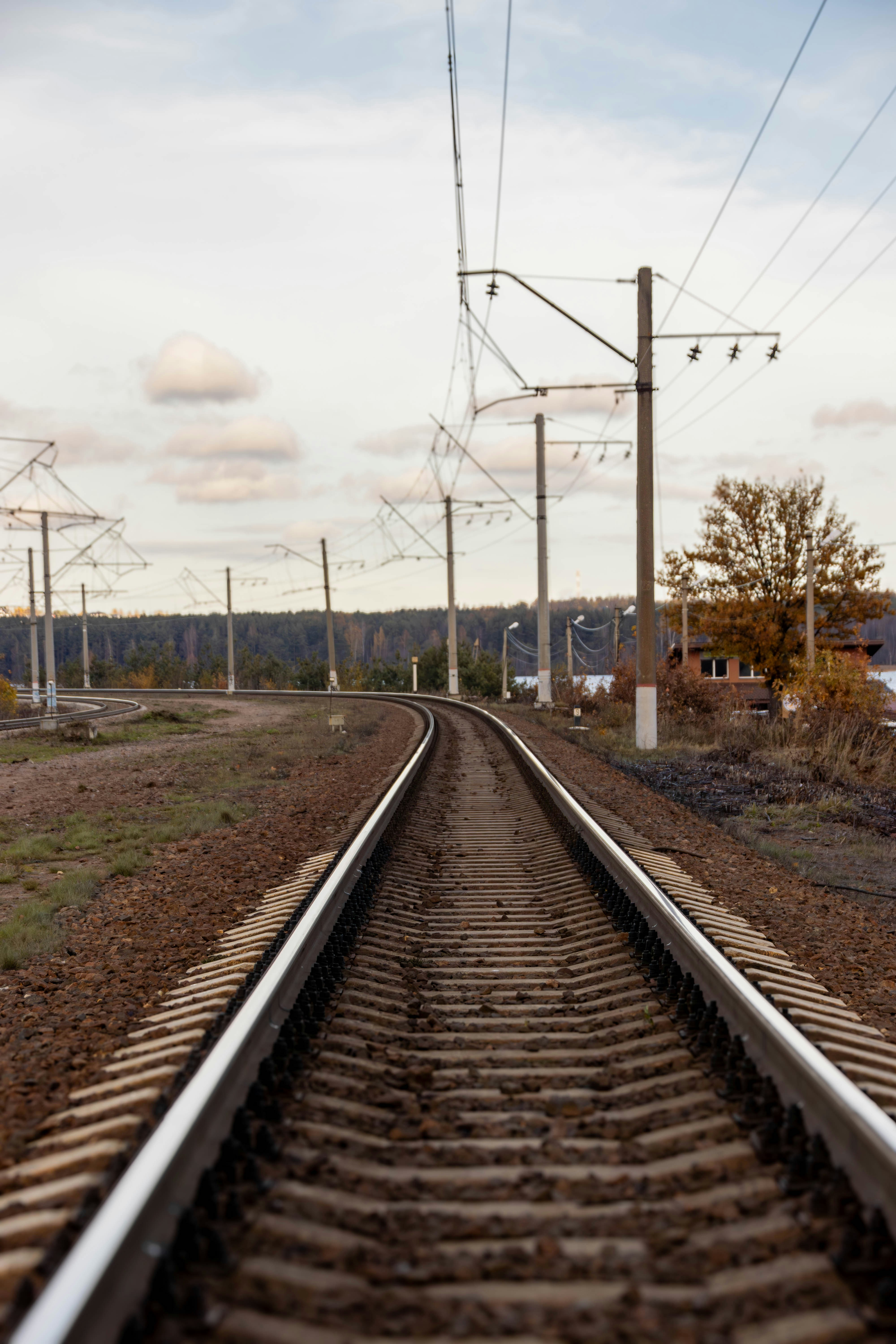Railway | Train tracks curve through a rural landscape under cloudy skies