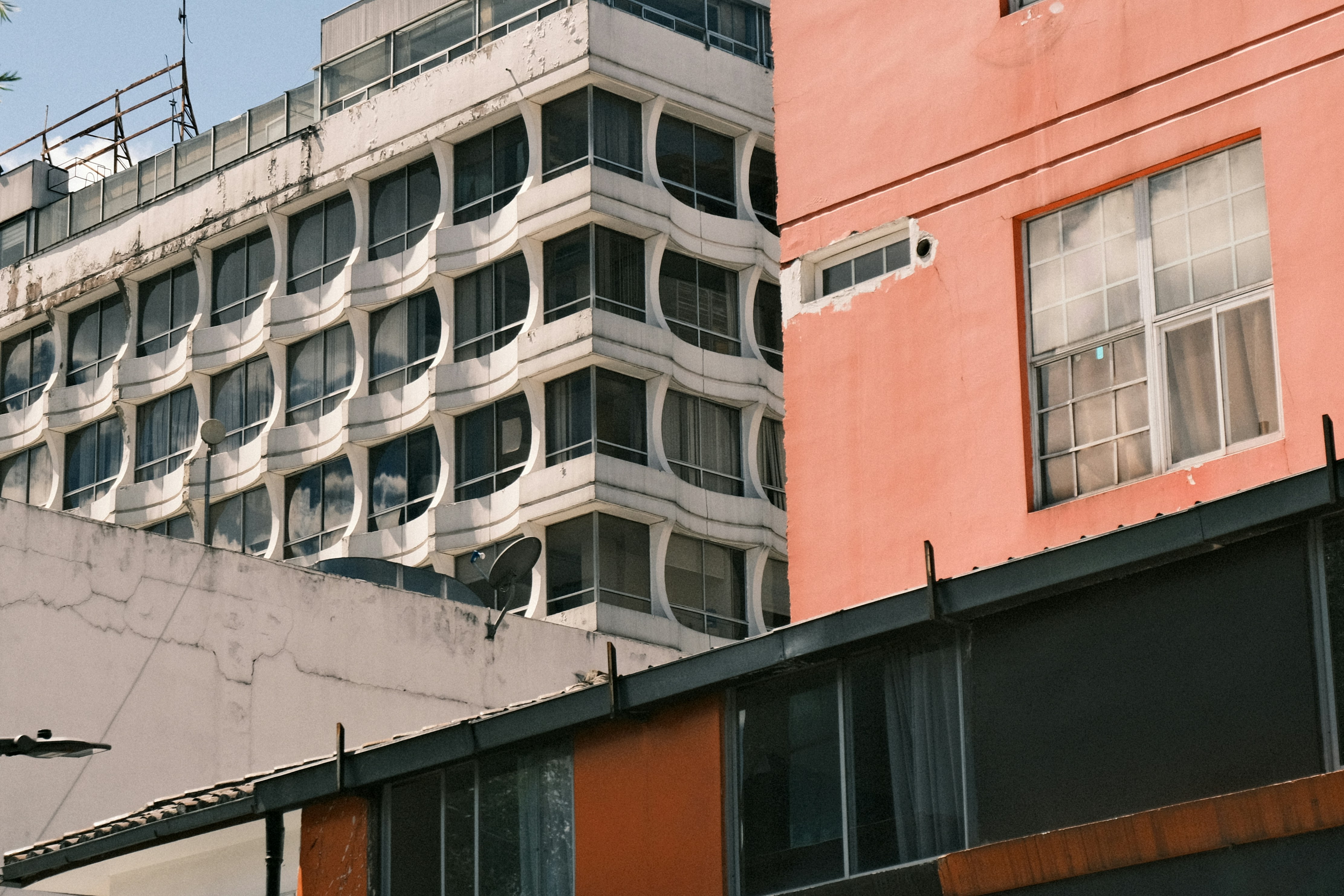 Modern buildings with unique architectural designs.