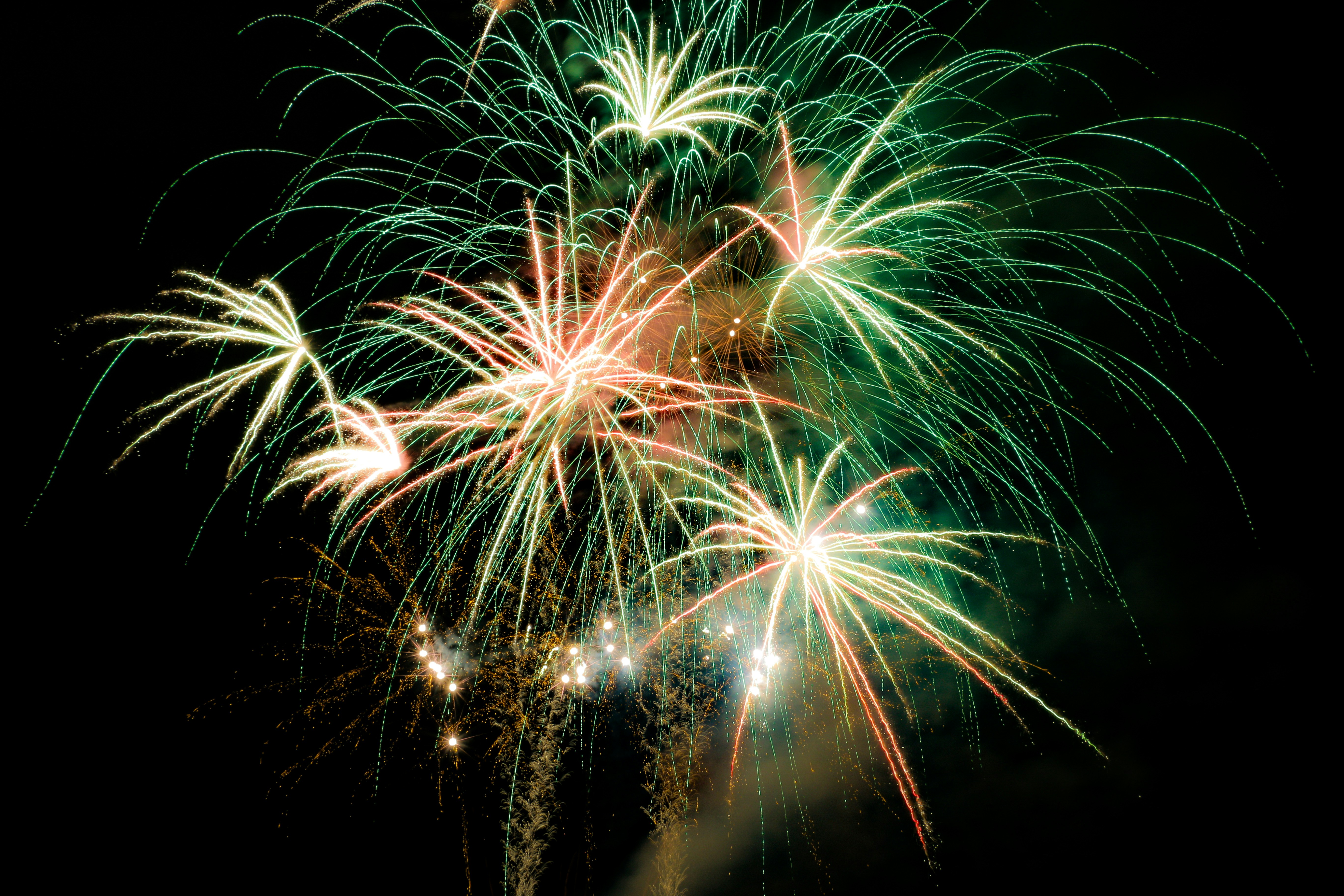 Vivid fireworks bursting in a night sky, showcasing vibrant colors and intricate patterns.