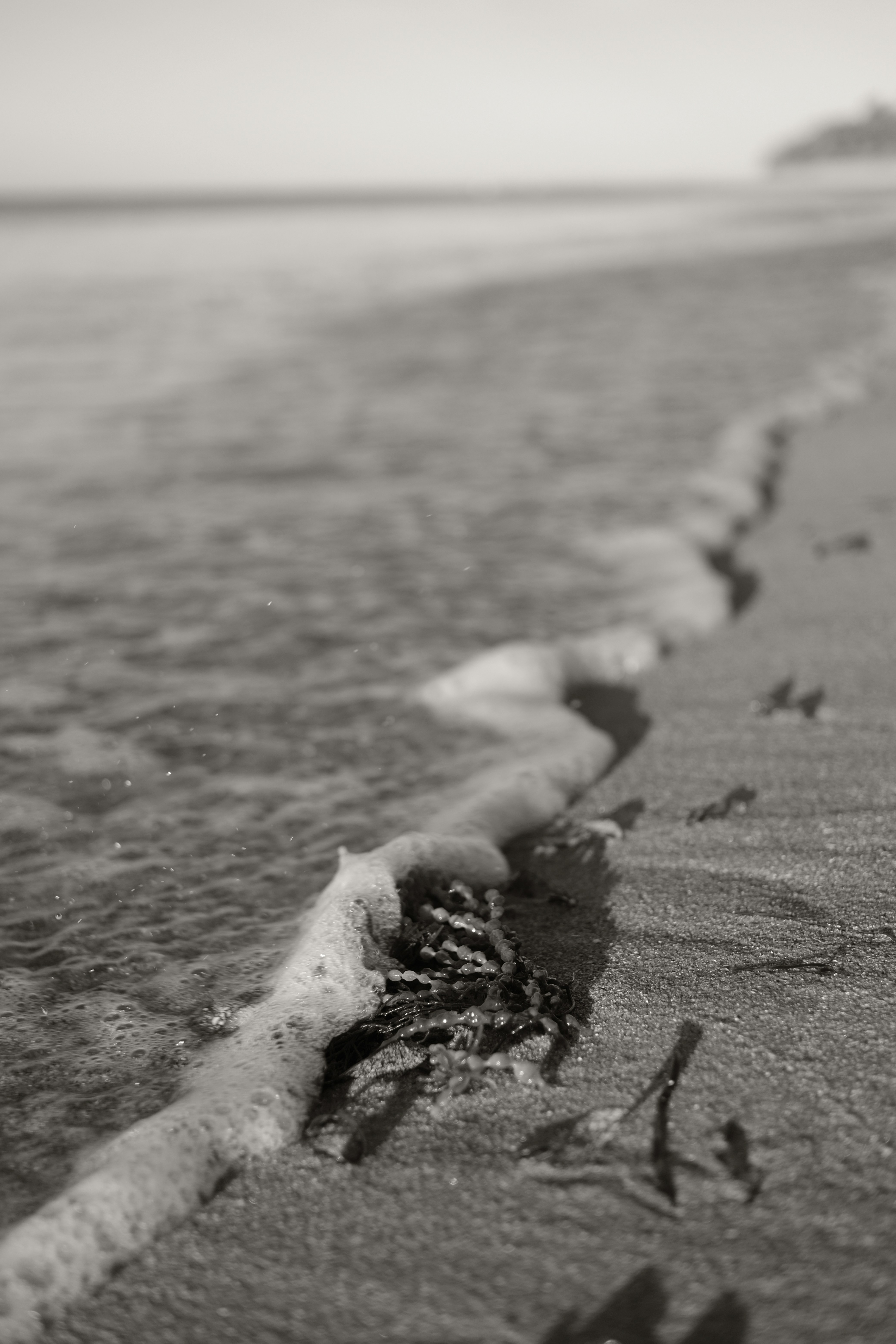 Foam line on a sandy beach with footprints