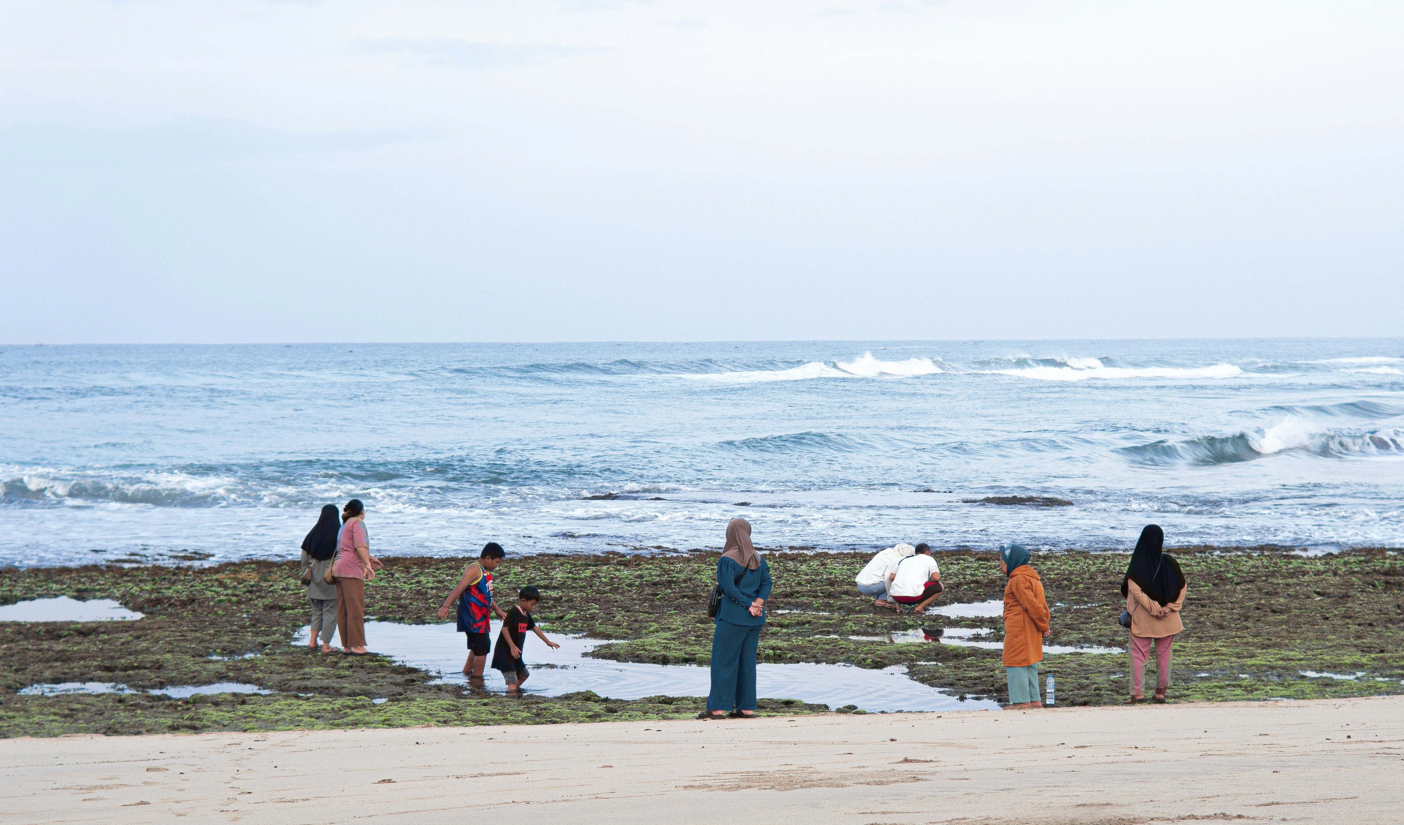 Group of individuals exploring tide pools along a sandy beach, with gentle waves in the background.