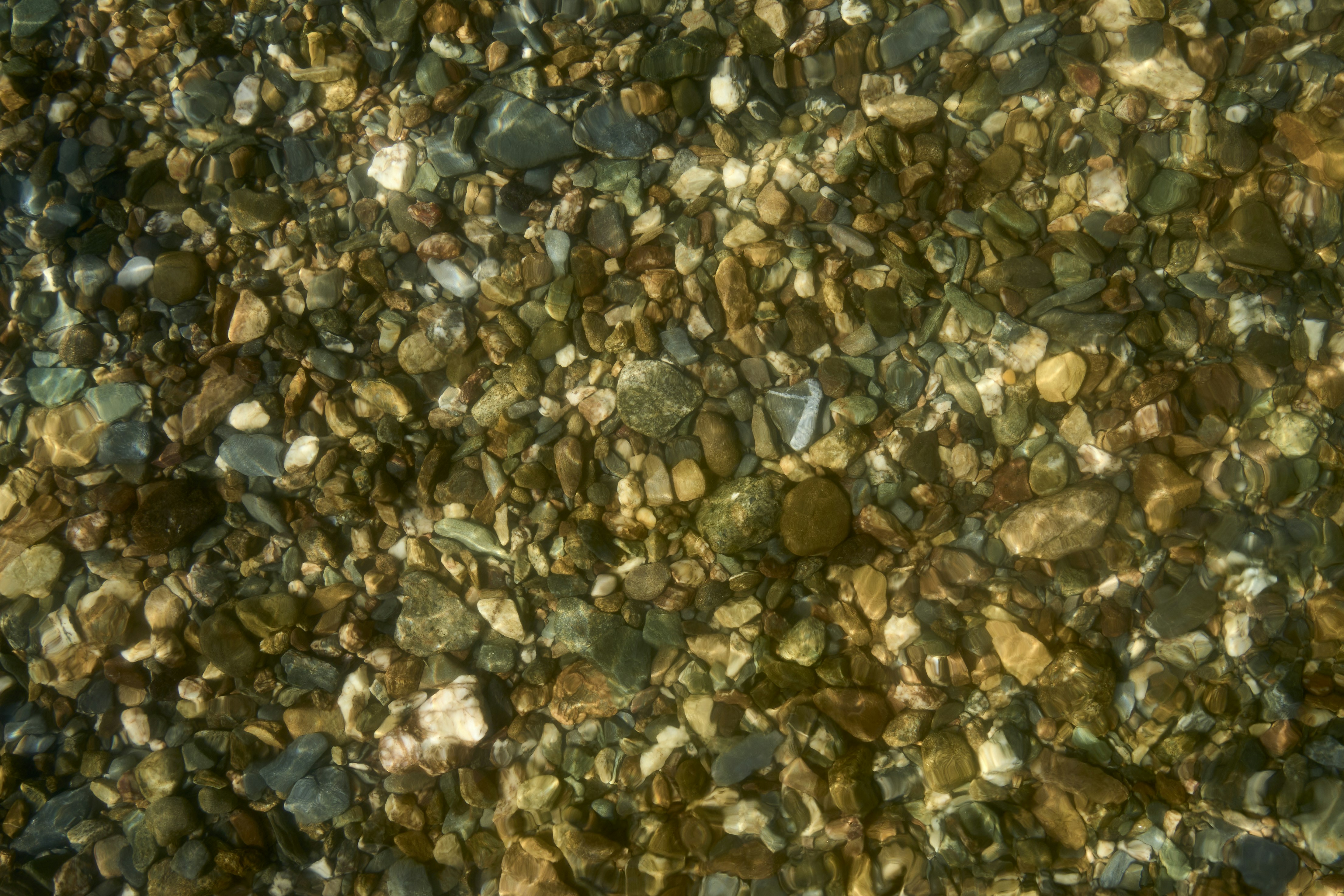 Pebbles beneath clear shallow water surface
