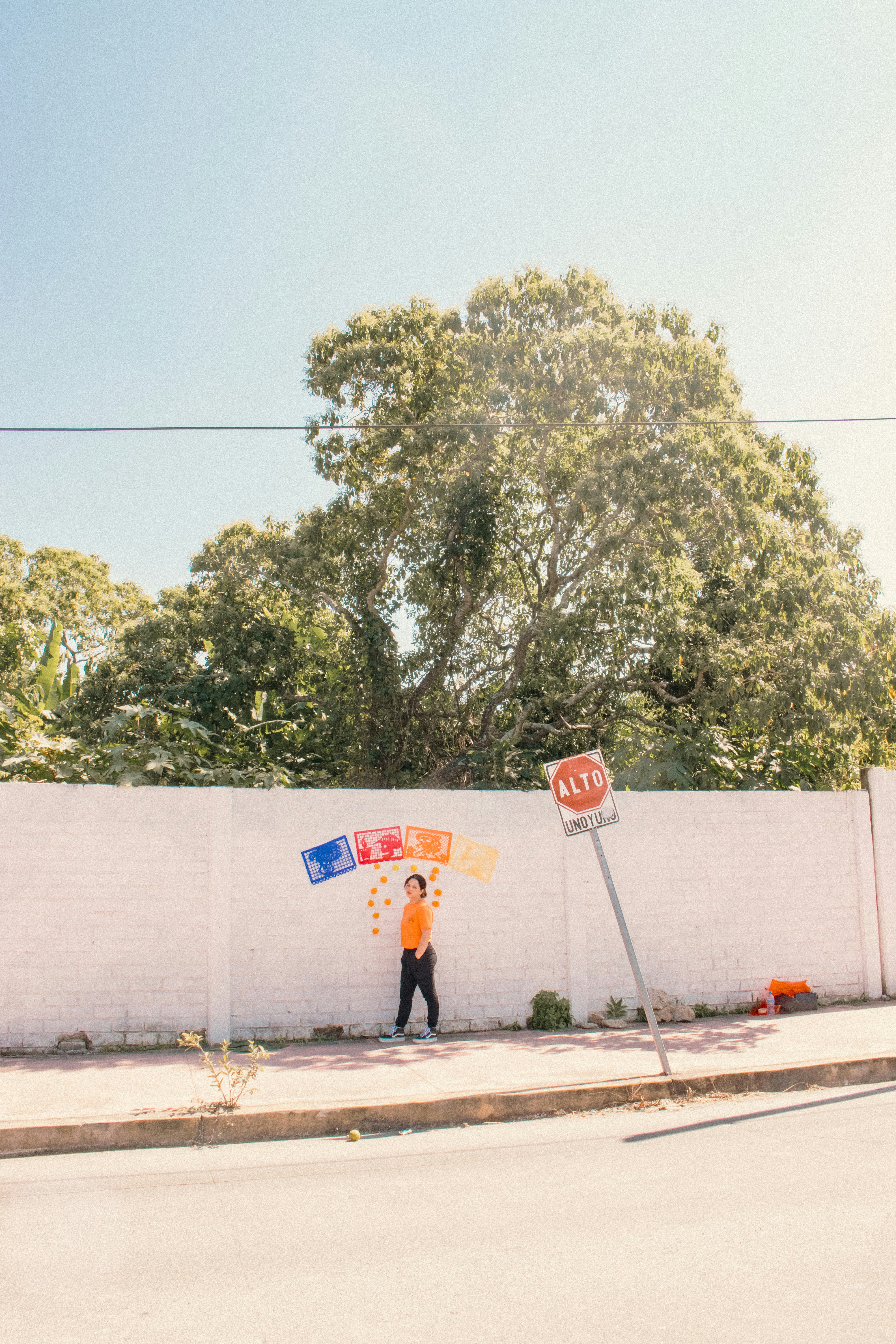 Person holding colorful papel picado near stop sign