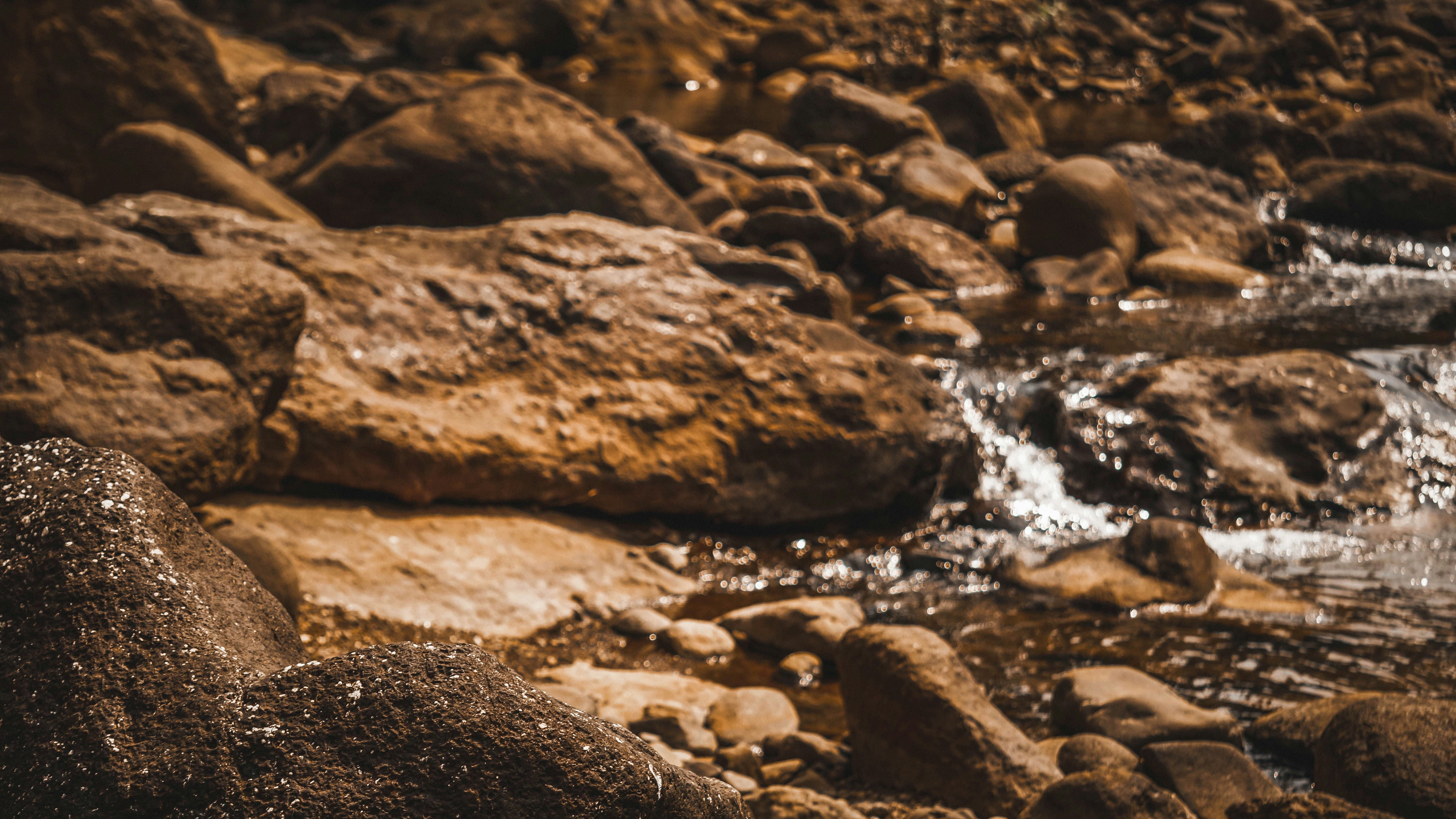 Close-up of wet rocks beside flowing water