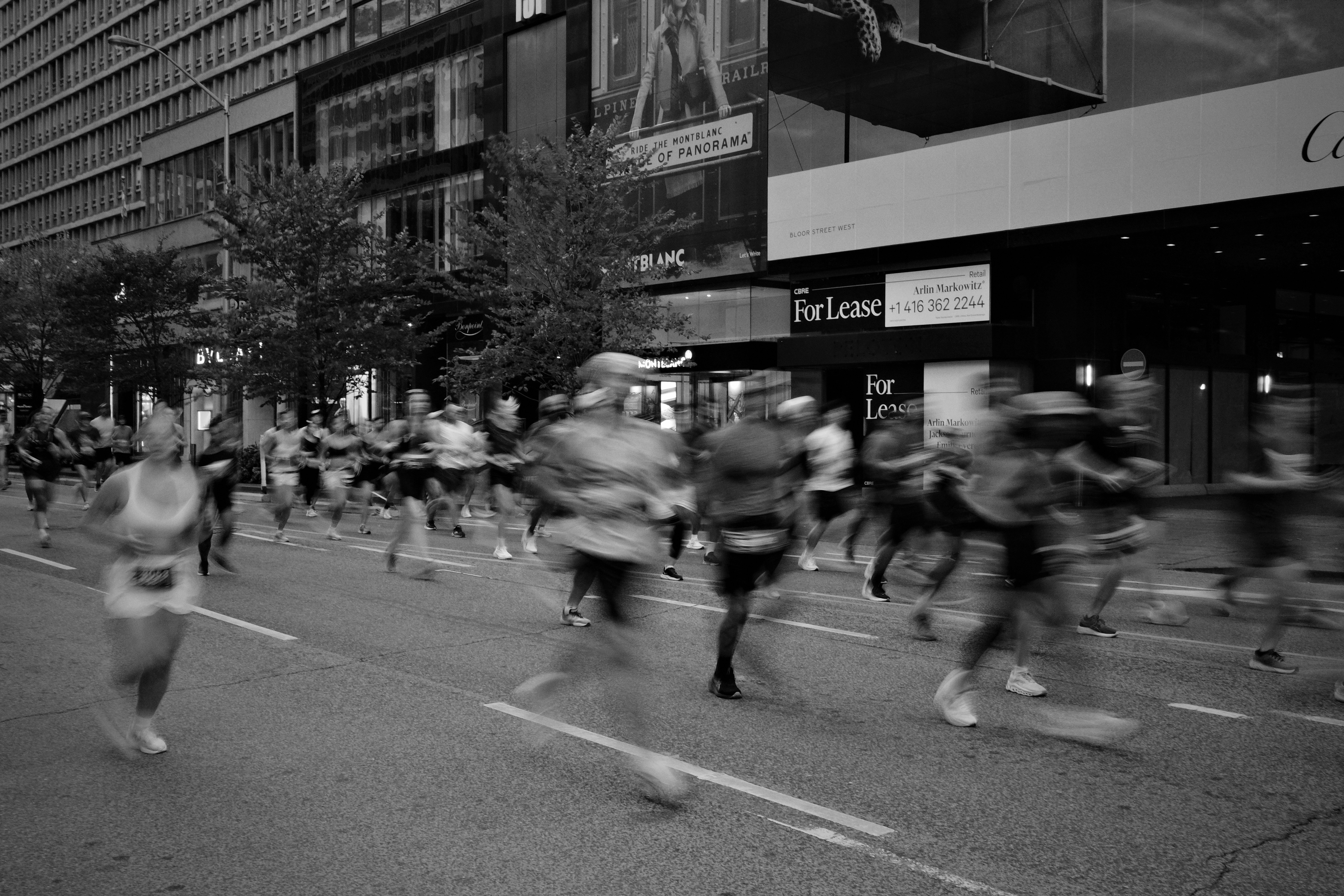 Monochrome Momentum: Runners Thread a City Block