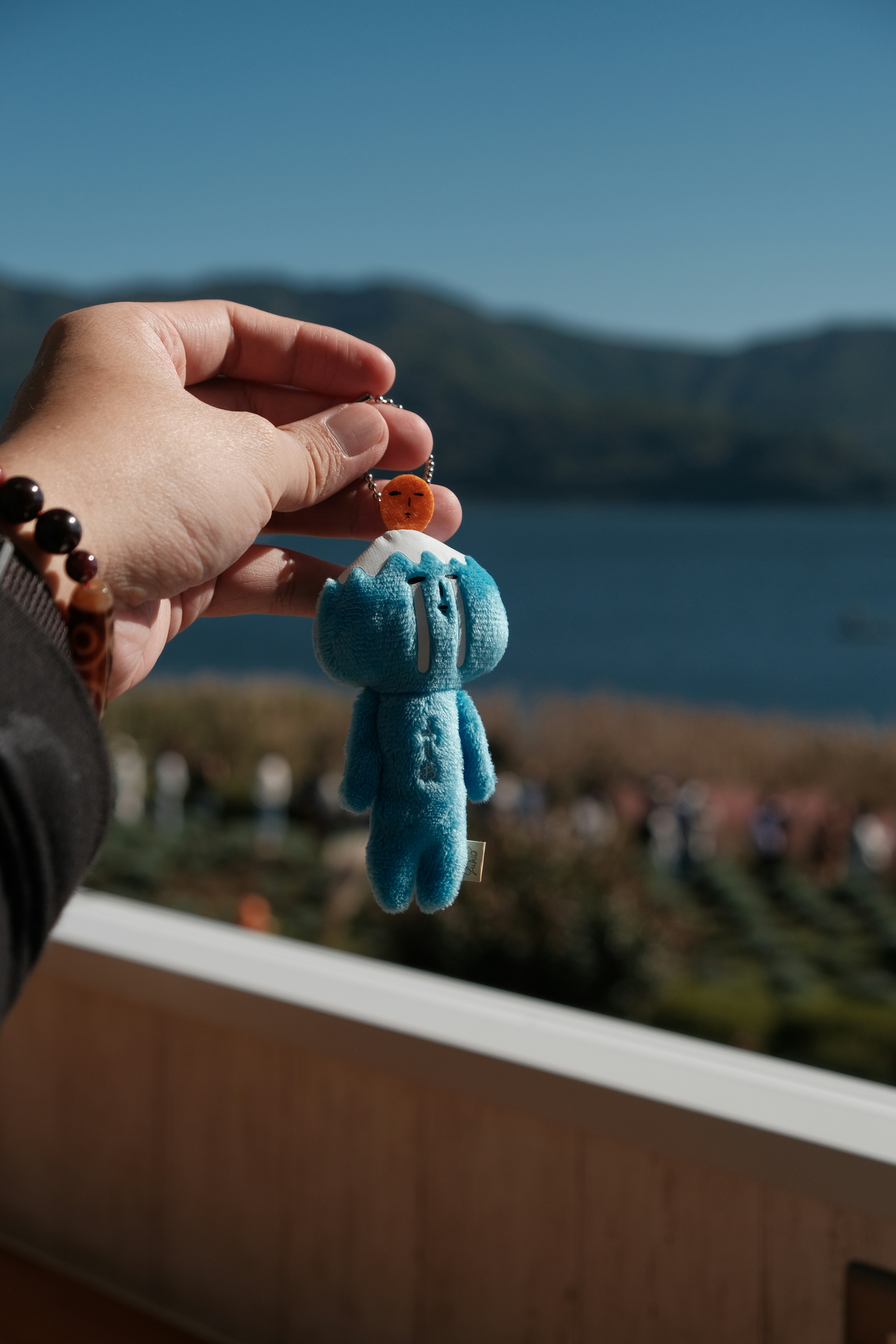 Hand holding a small blue plush toy keychain