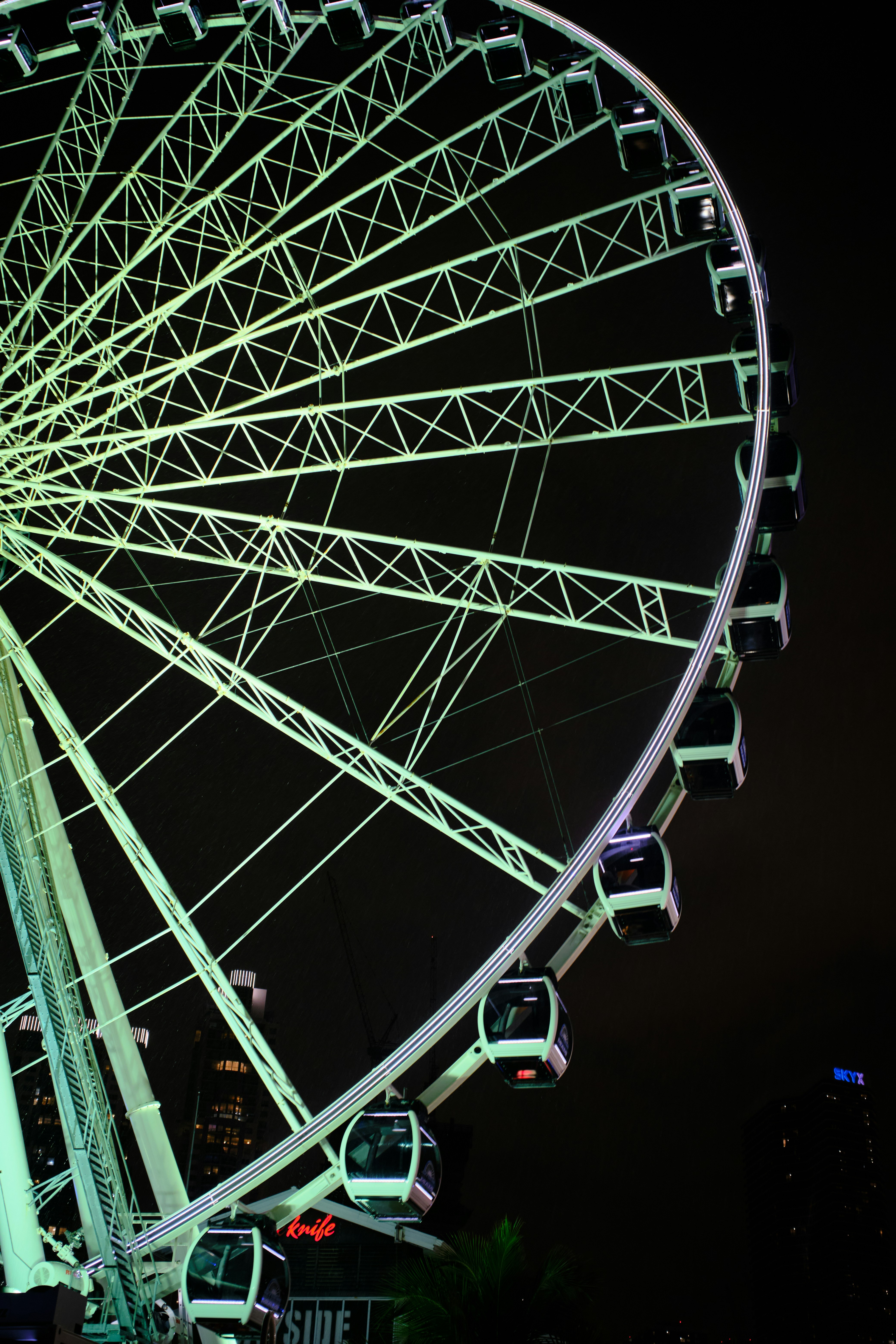 A large ferris wheel illuminated at night.