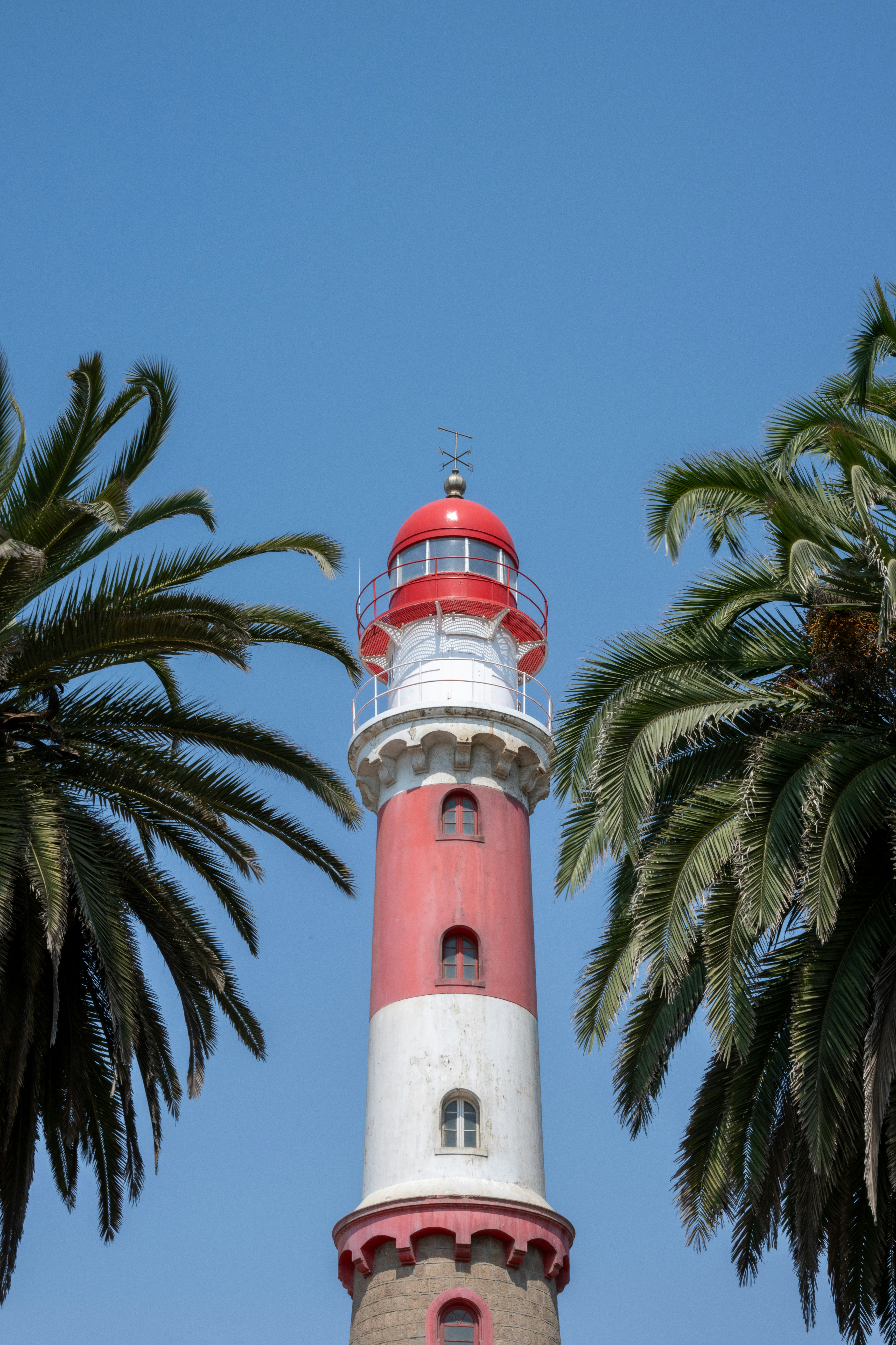 Red and white lighthouse framed by palm trees