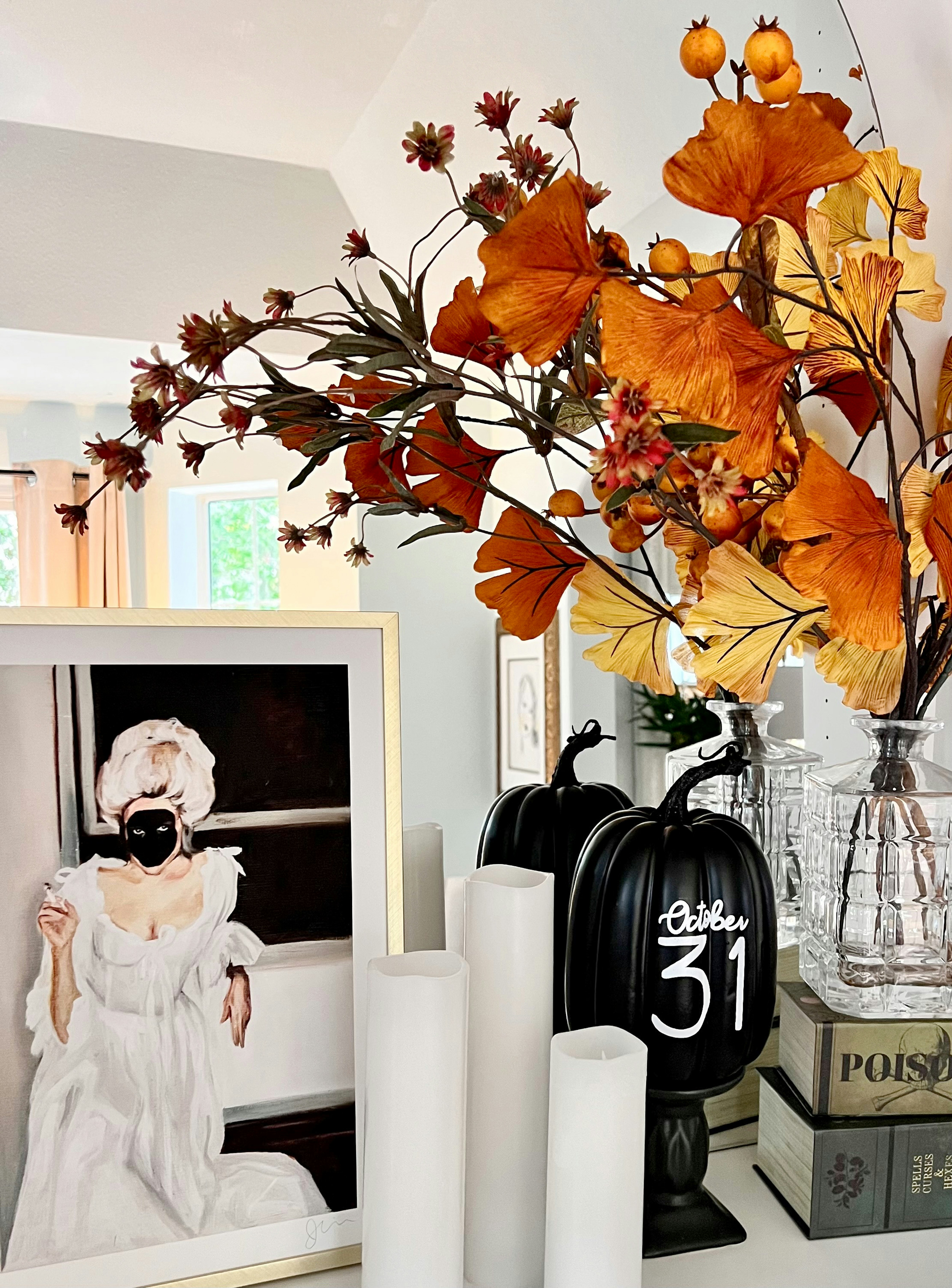 Coco Tafoya Interiors + Styling | Halloween decor with pumpkins and autumn leaves