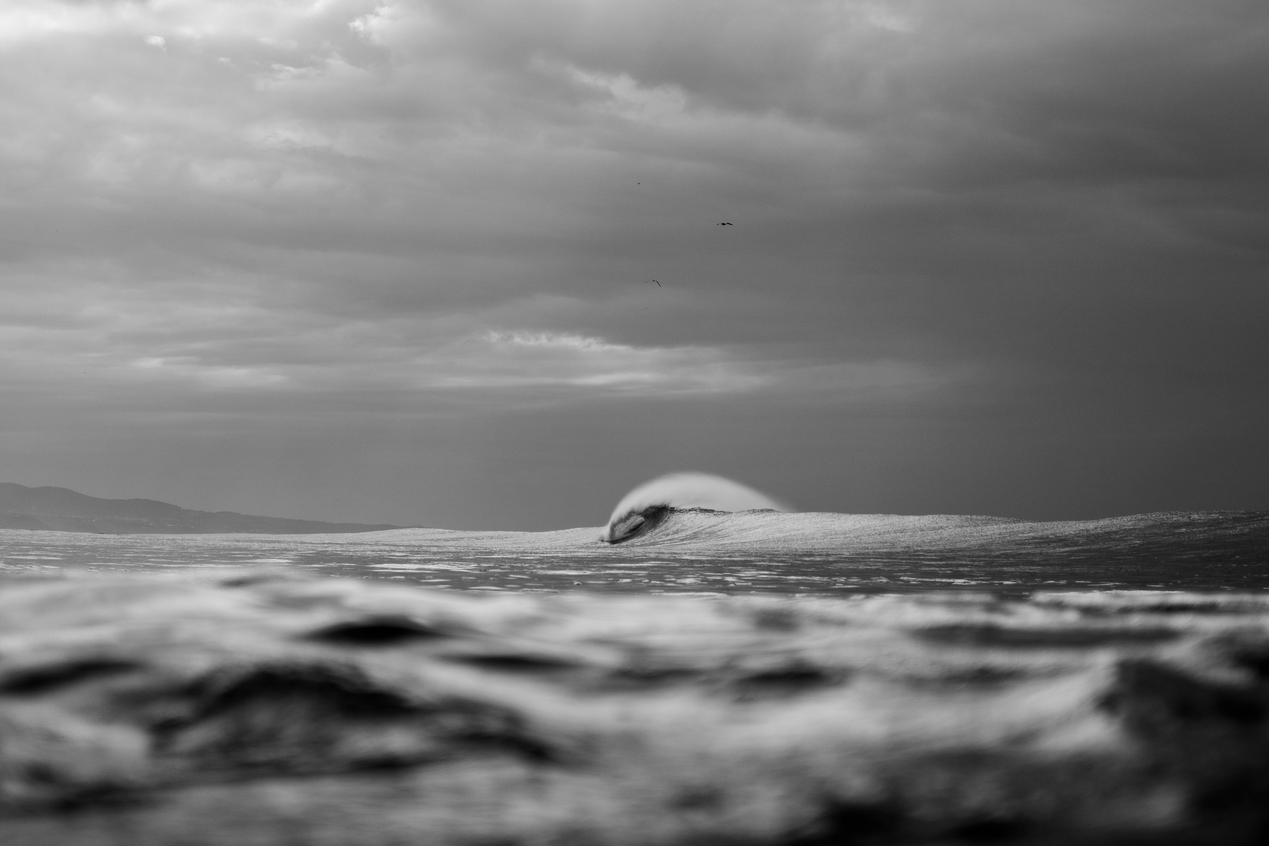 Curling Breaker Skimming the Gray Horizon