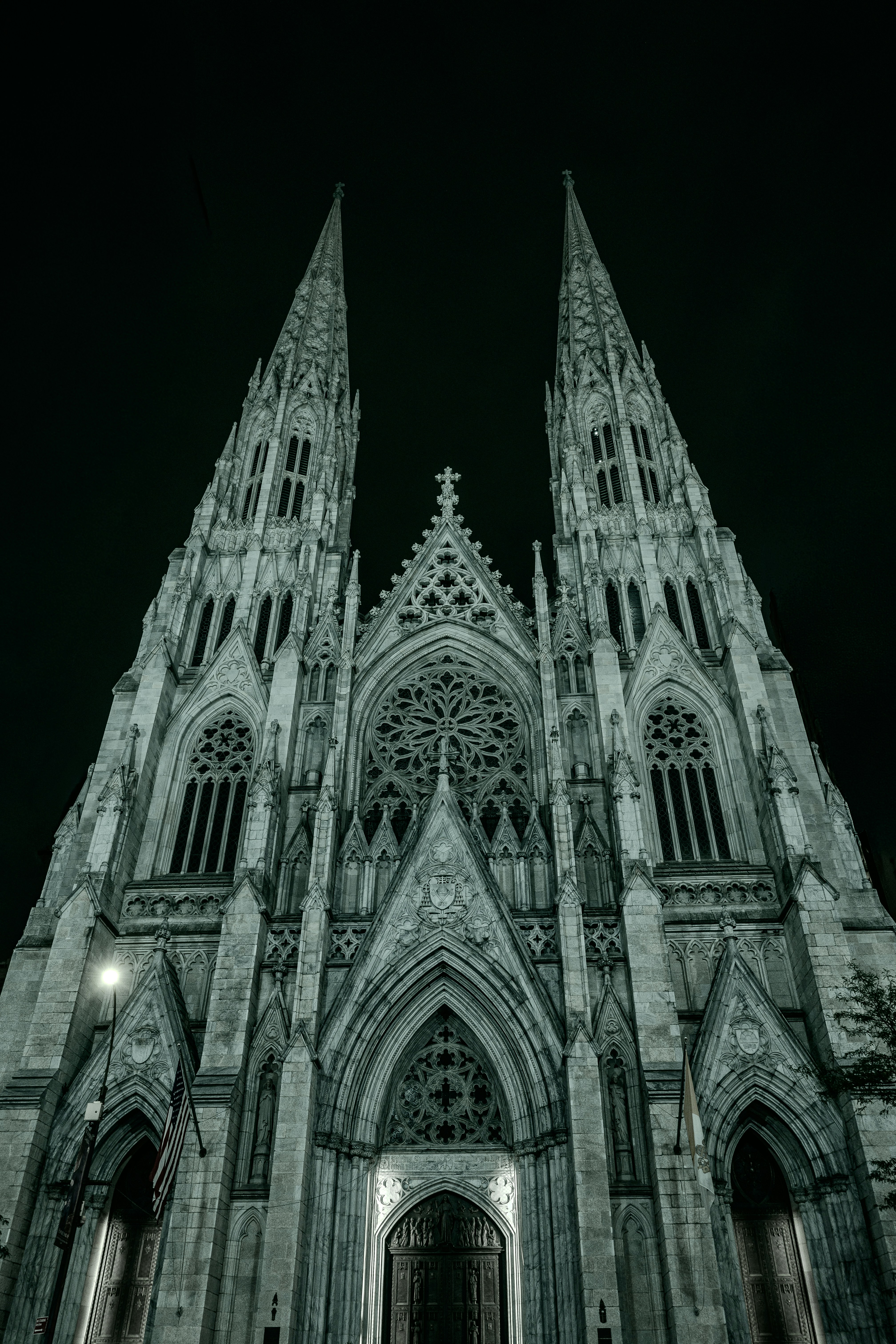 Gothic cathedral architecture illuminated at night