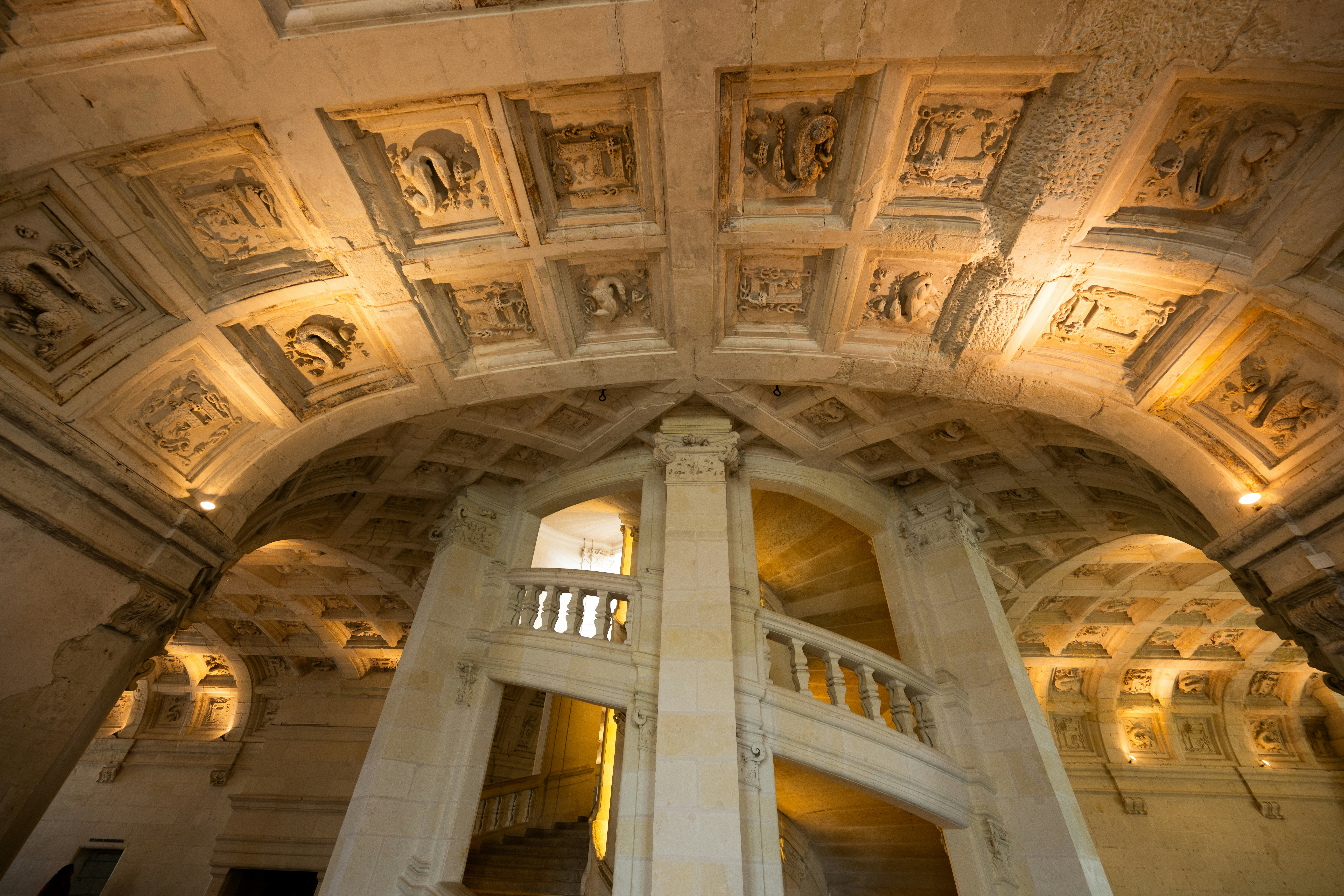 Intricate vaulted ceiling and spiral staircase