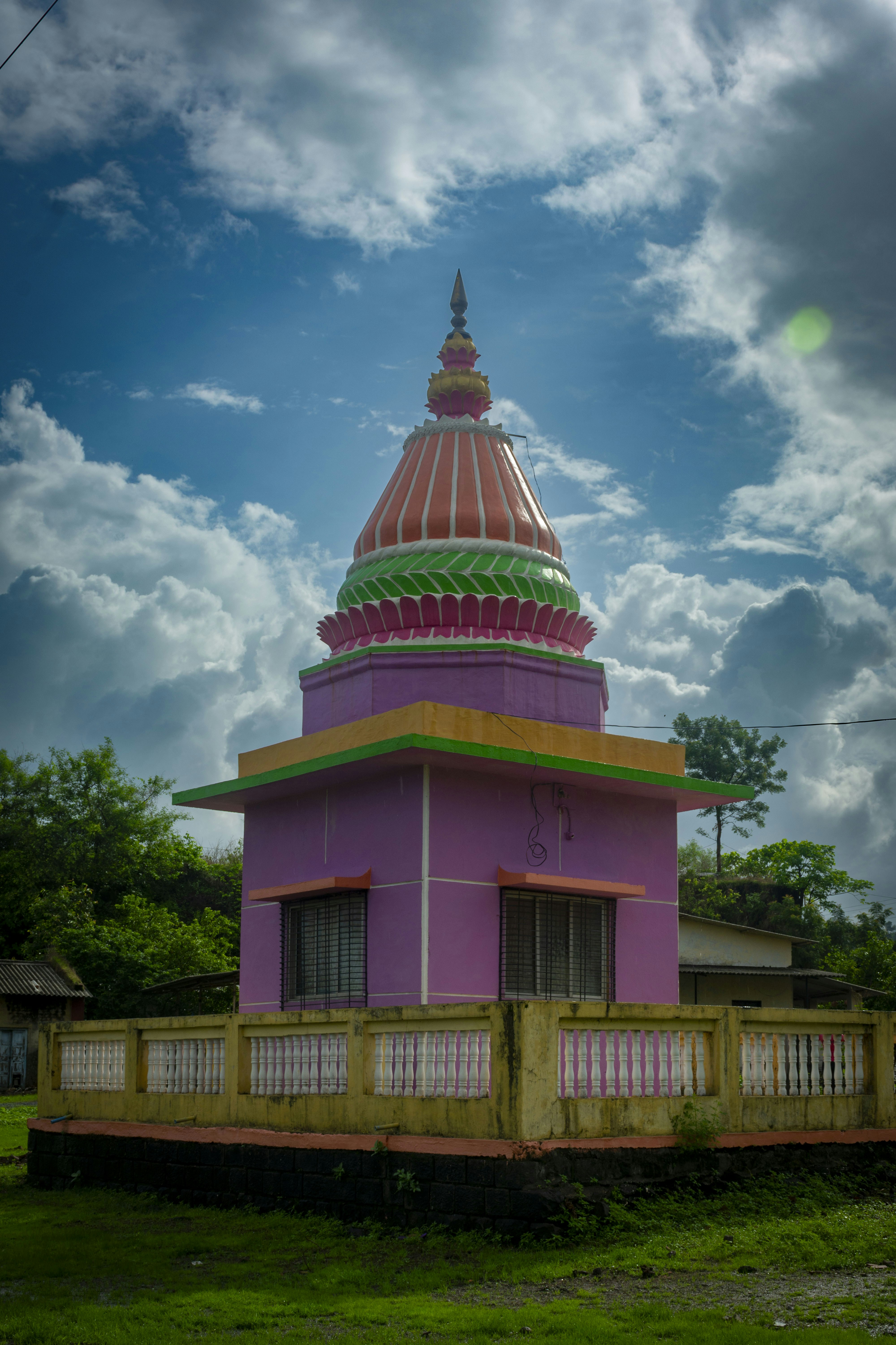 Colorful Temple Spire Reaching Toward a Bright Sky