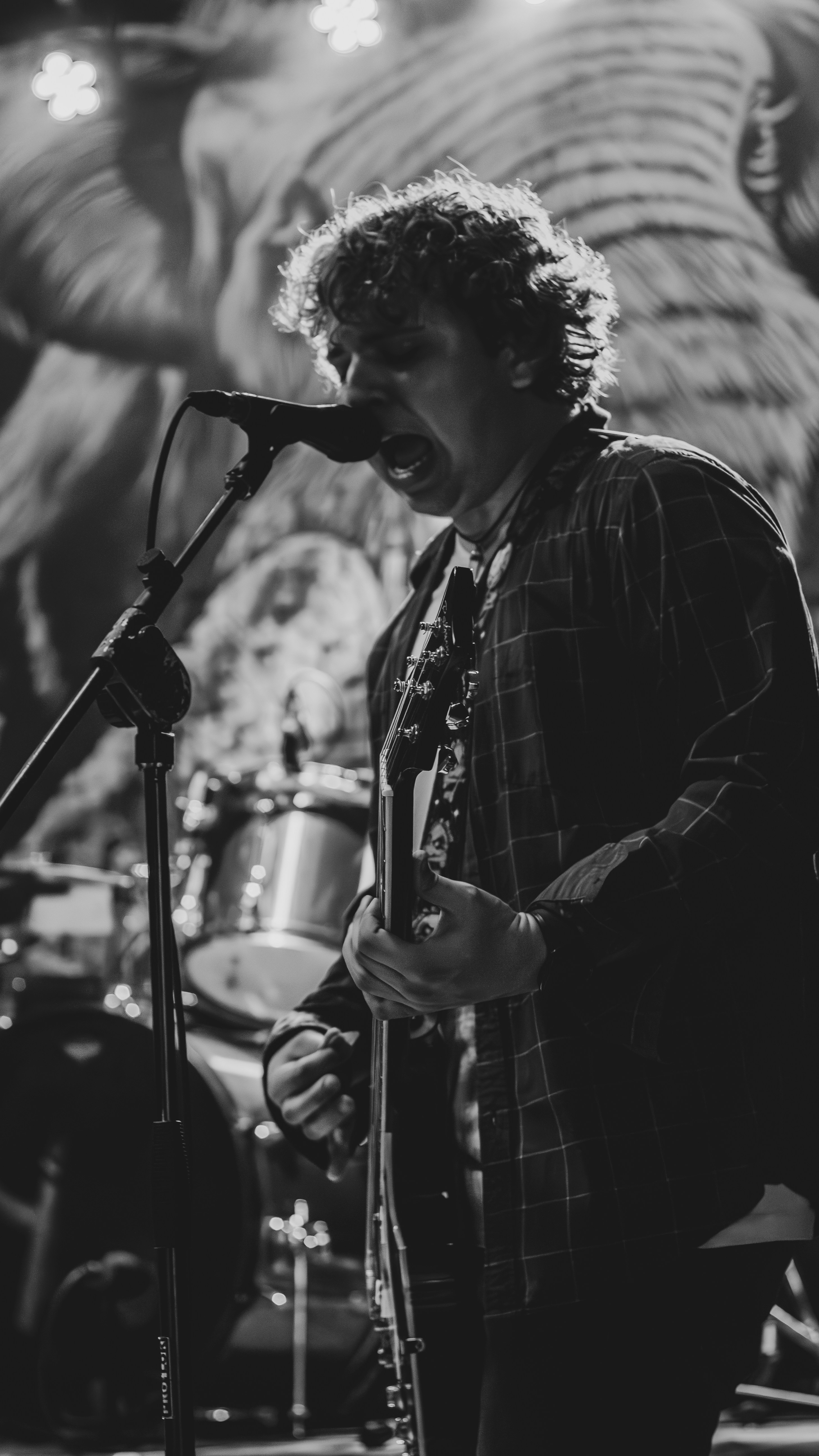Midnight riffs: a guitarist belts into the mic under dramatic stage lights